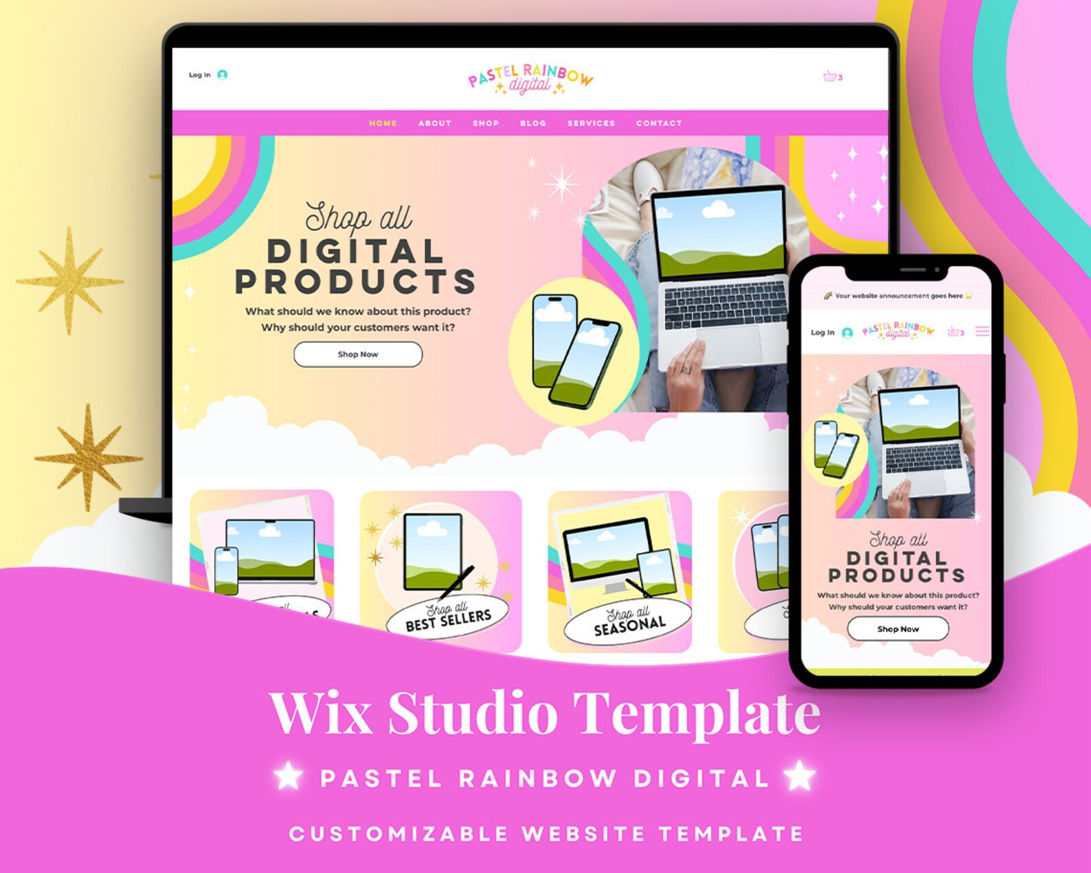 Rainbow Pastel Wix Template for Digital Products, Pastel Wix Store, Wix ...