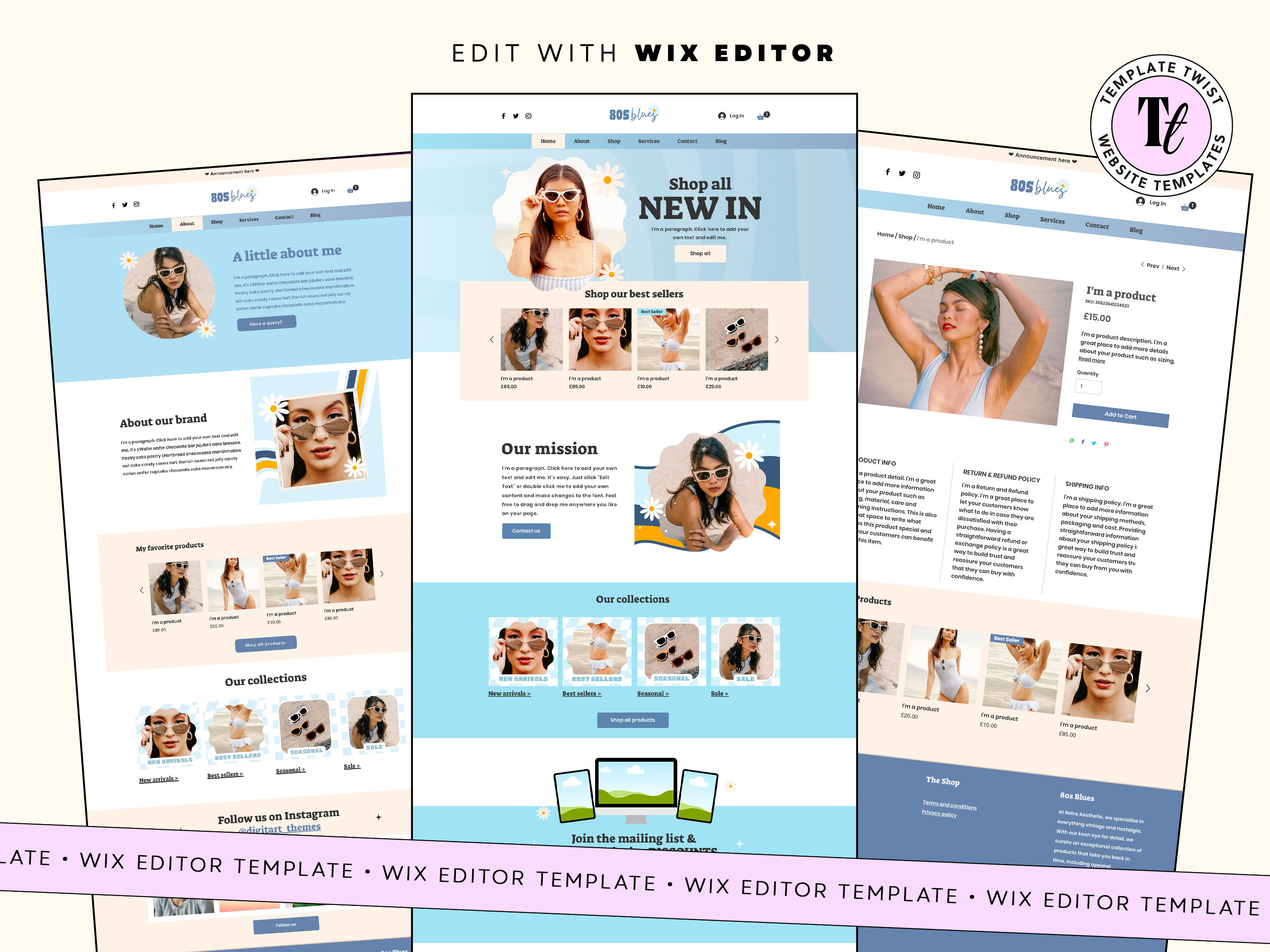 Wix Template Shop Design, Ecommerce Blue Retro Website for Products ...
