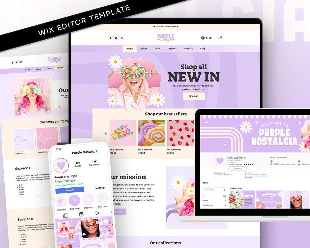 Wix Website Template Bundle Design, Ecommerce Purple Retro Website for ...