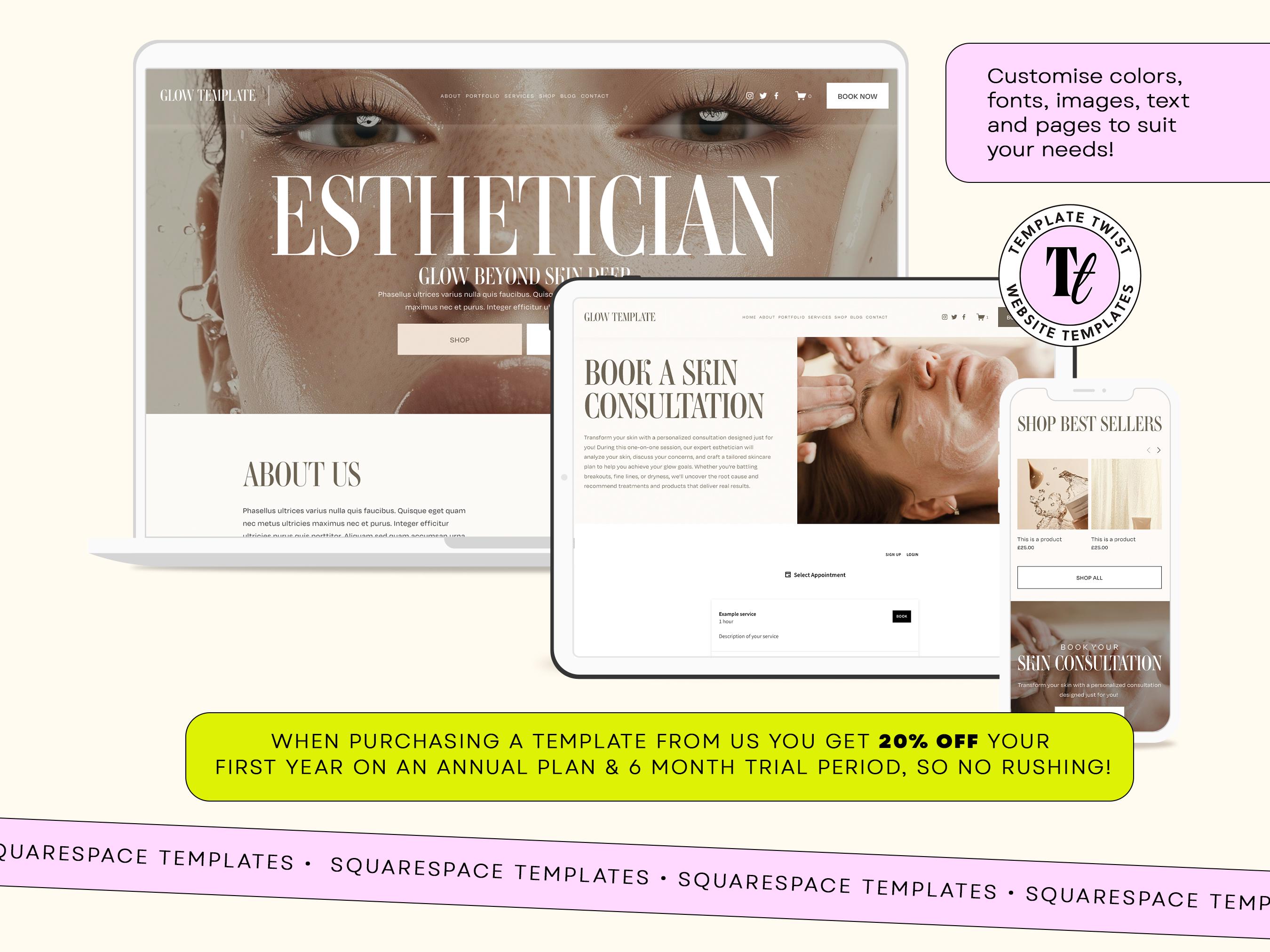 Esthetician Website, Website Template, Squarespace Template, Skincare ...