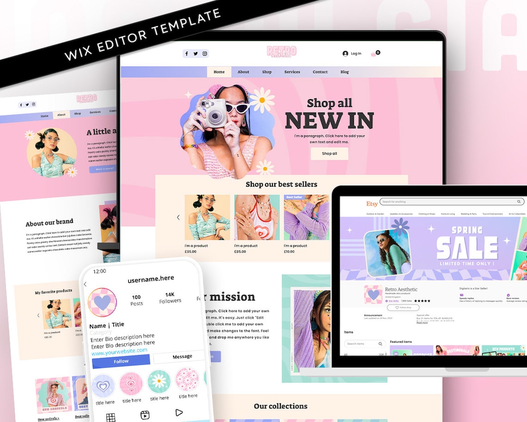 Pink Retro Wix Website Template: Boutique Ecommerce Bundle - Etsy UK