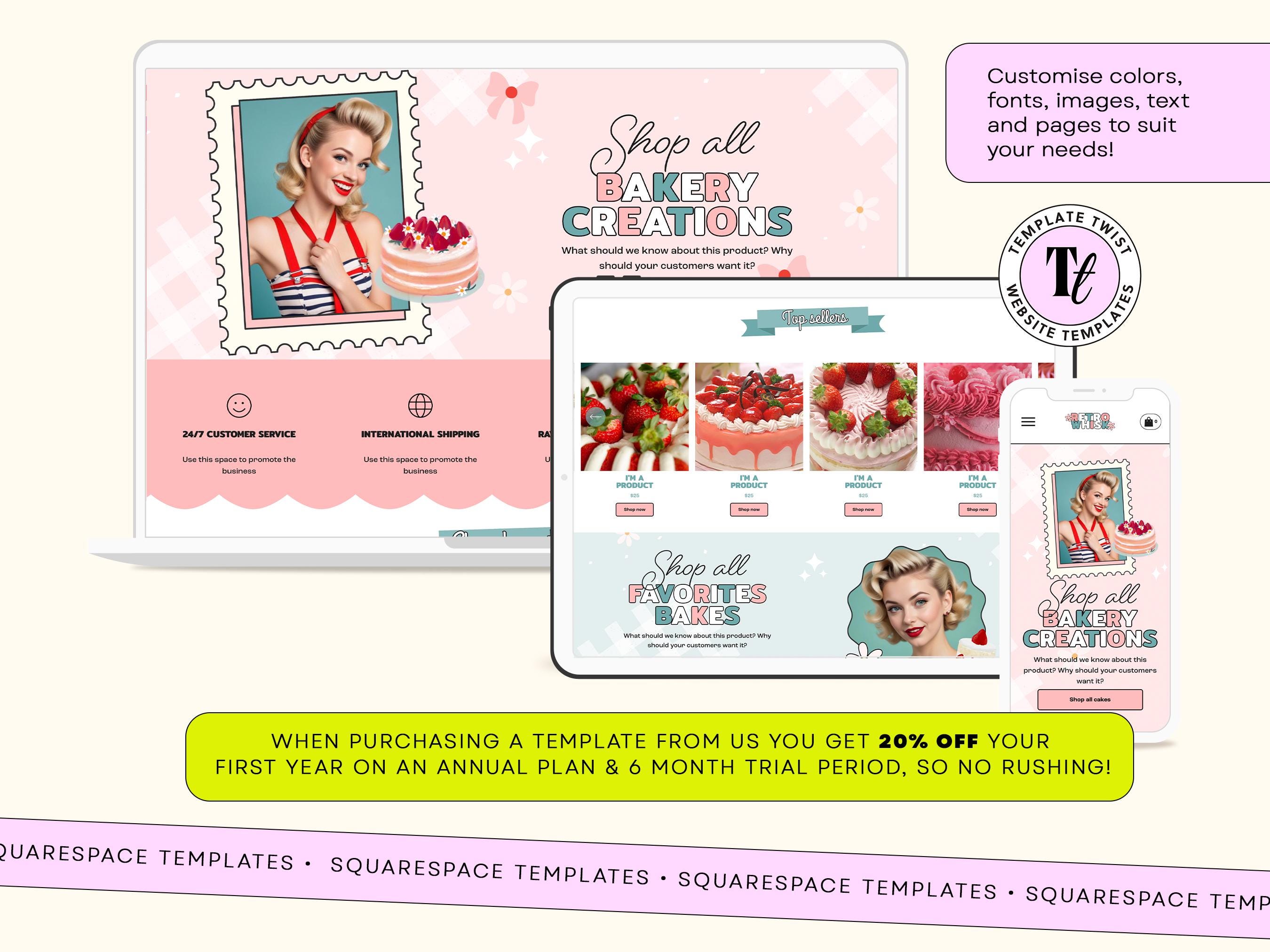 Retro Pink Squarespace, Template for Bakeries, Baking Website, Baker ...
