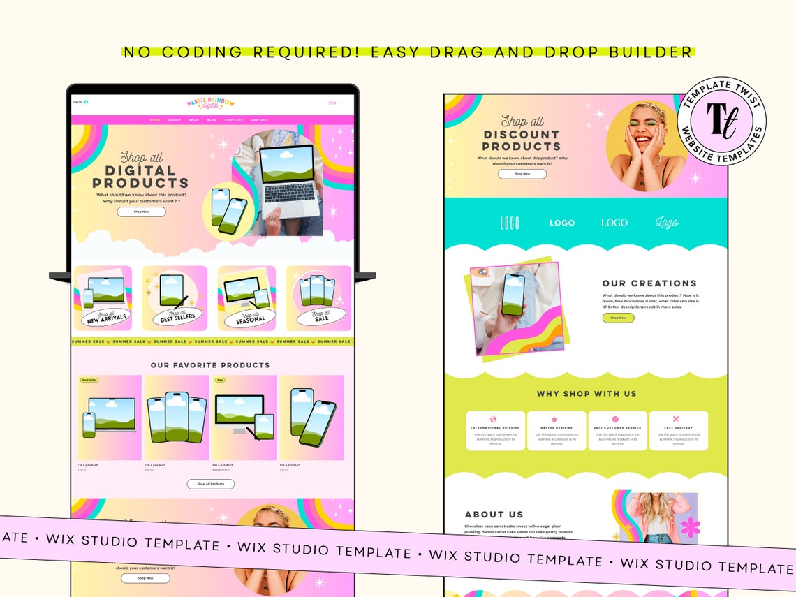 Rainbow Pastel Wix Template for Digital Products, Pastel Wix Store, Wix ...