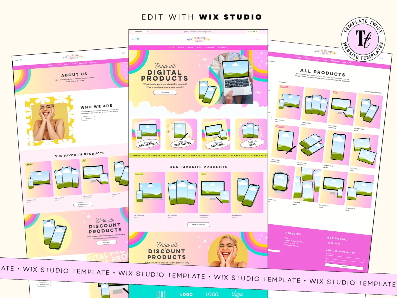 Rainbow Pastel Wix Template for Digital Products, Pastel Wix Store, Wix ...