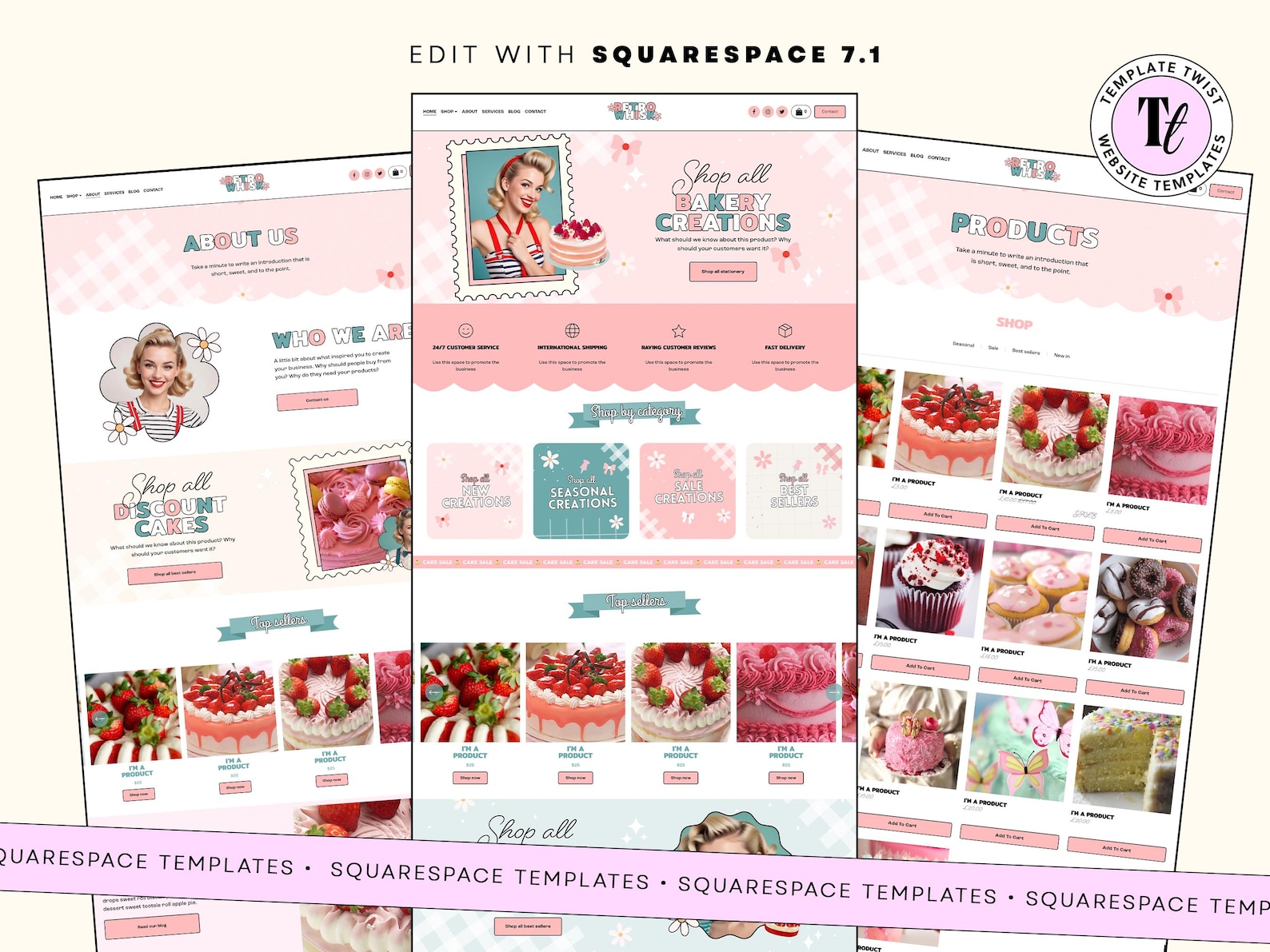Retro Pink Squarespace, Template for Bakeries, Baking Website, Baker ...