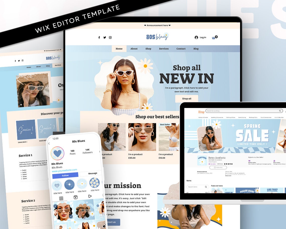 Wix Template Shop Design, Ecommerce Blue Retro Website for Products ...