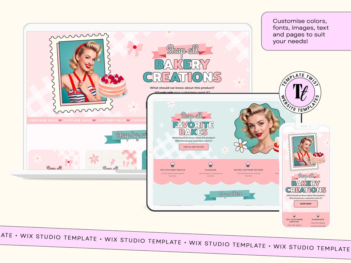 Retro Pink Bakery Wix Studio Template: Cake Shop Website - Etsy