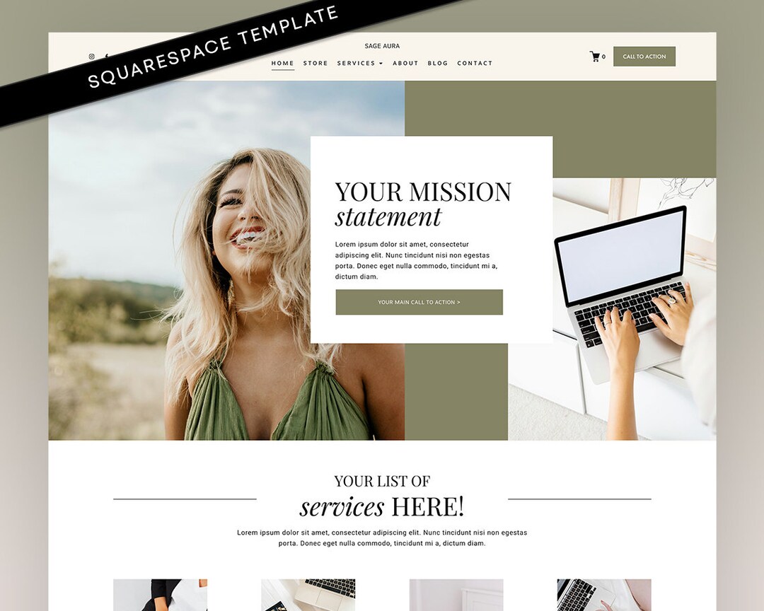 Sage Green Website, Squarespace Template 7.1, Website Template ...