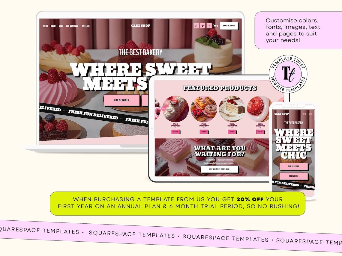 Bakery Squarespace Template: Pink Cake Design - Etsy