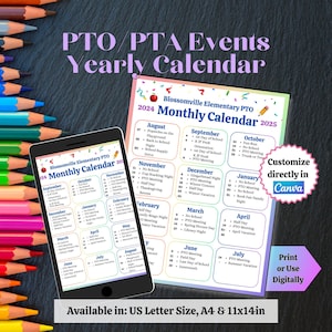 PTO Calendar of Events Yearly Template - Editable PTA Calendar of ...