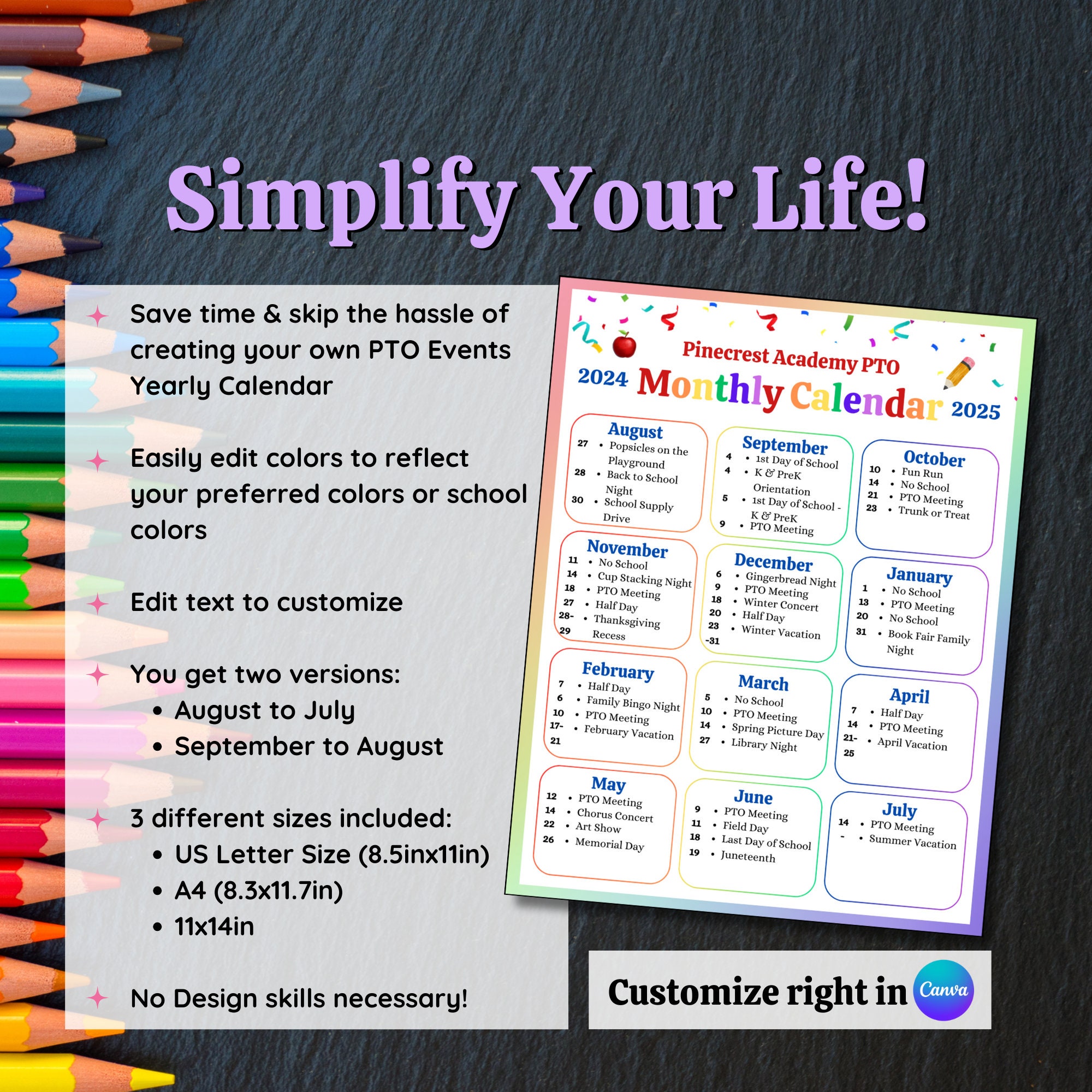 PTO Calendar of Events Yearly Template - Editable PTA Calendar of ...