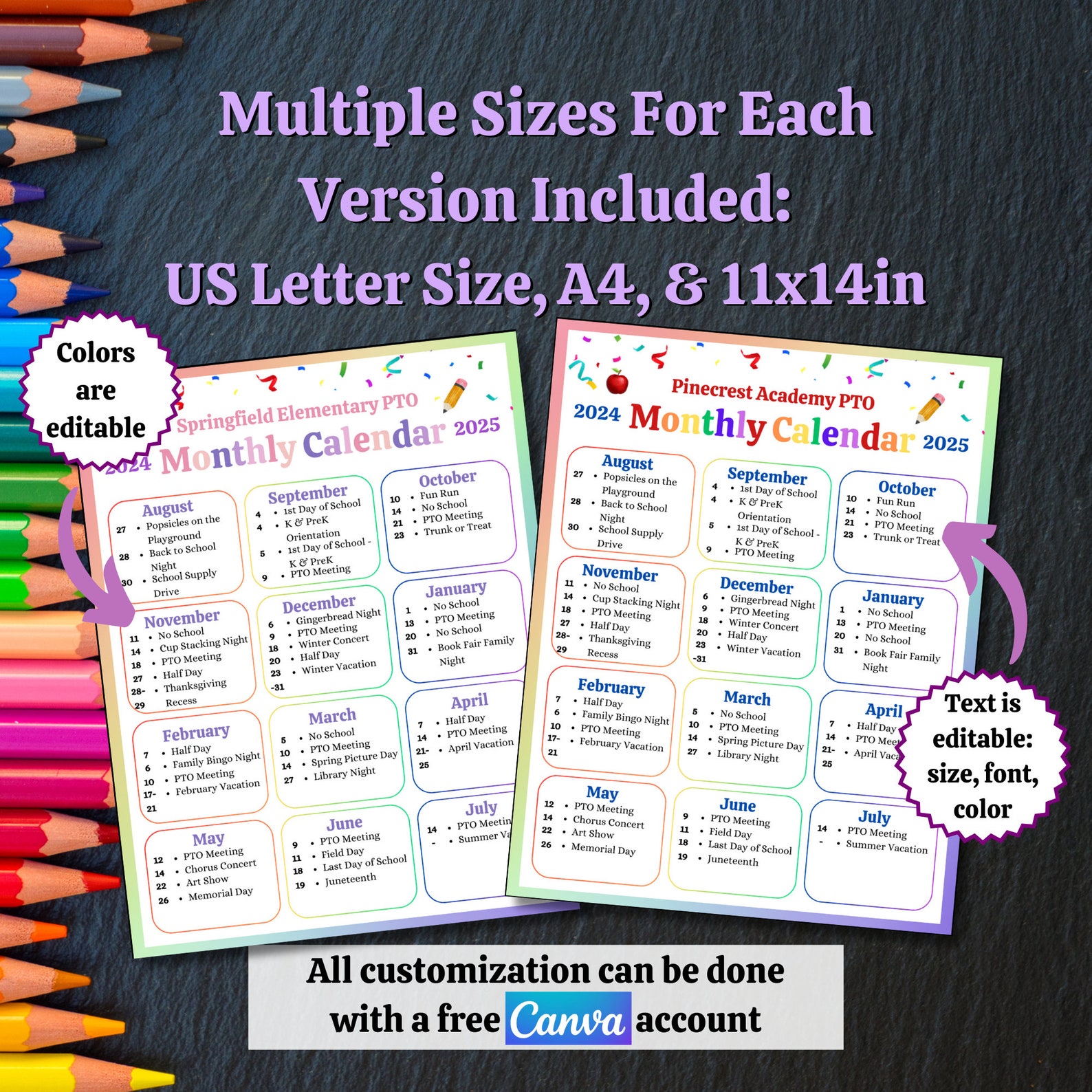 PTO Calendar of Events Yearly Template - Editable PTA Calendar of ...