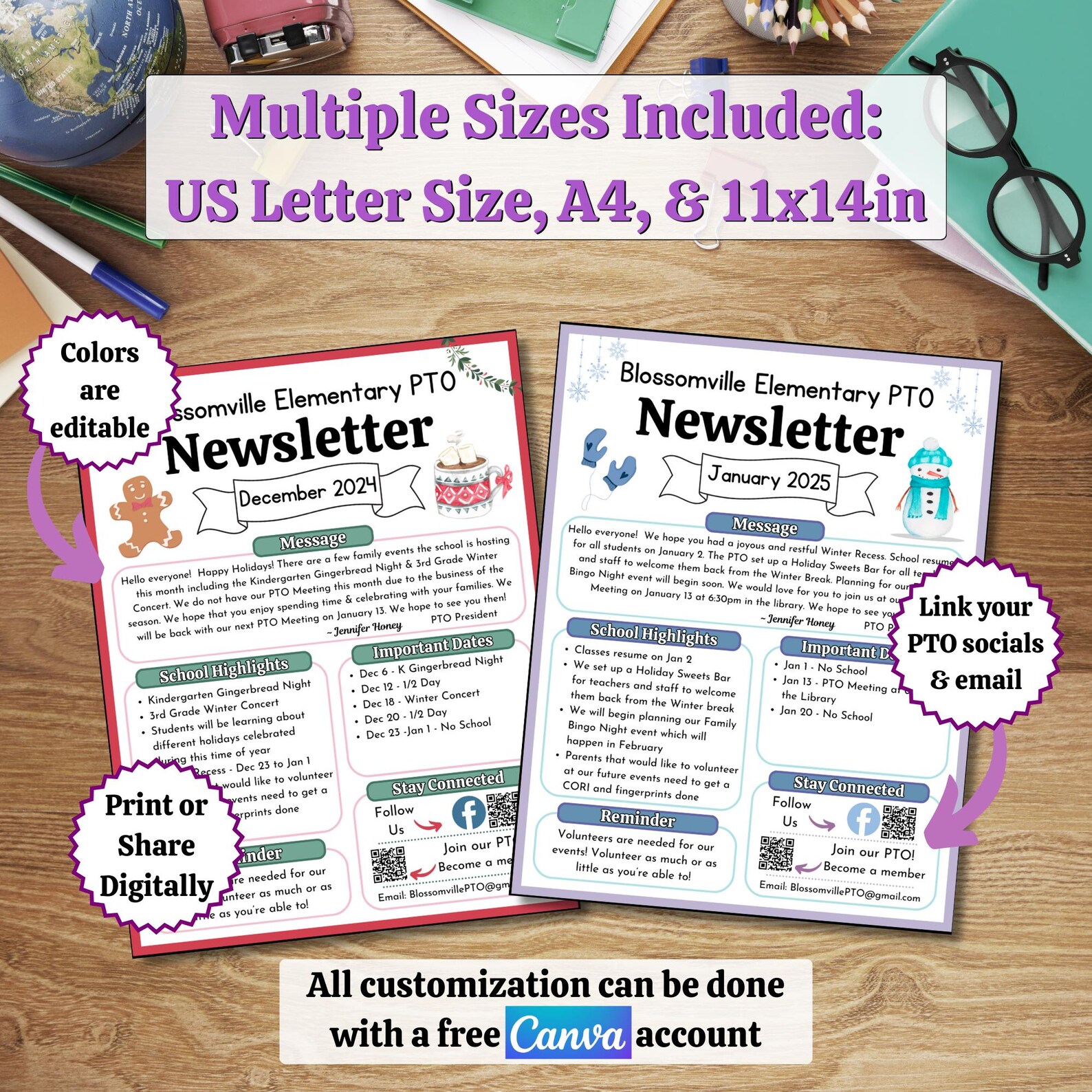 PTO PTA Newsletter Template, Editable Monthly Seasonal Pto Newsletter ...