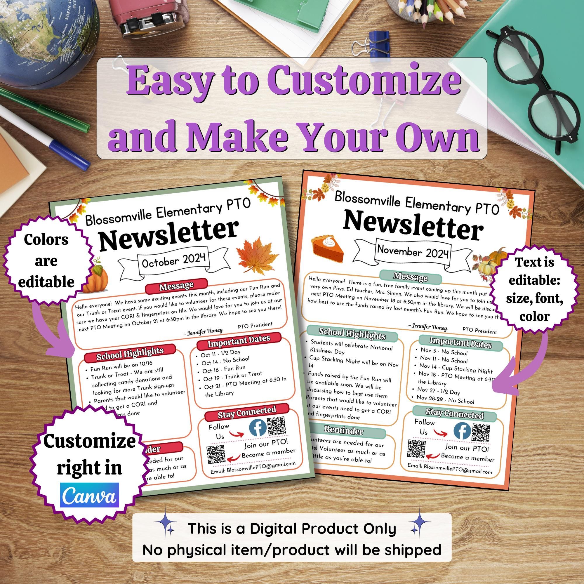 PTO PTA Newsletter Template, Editable Monthly Seasonal Pto Newsletter ...