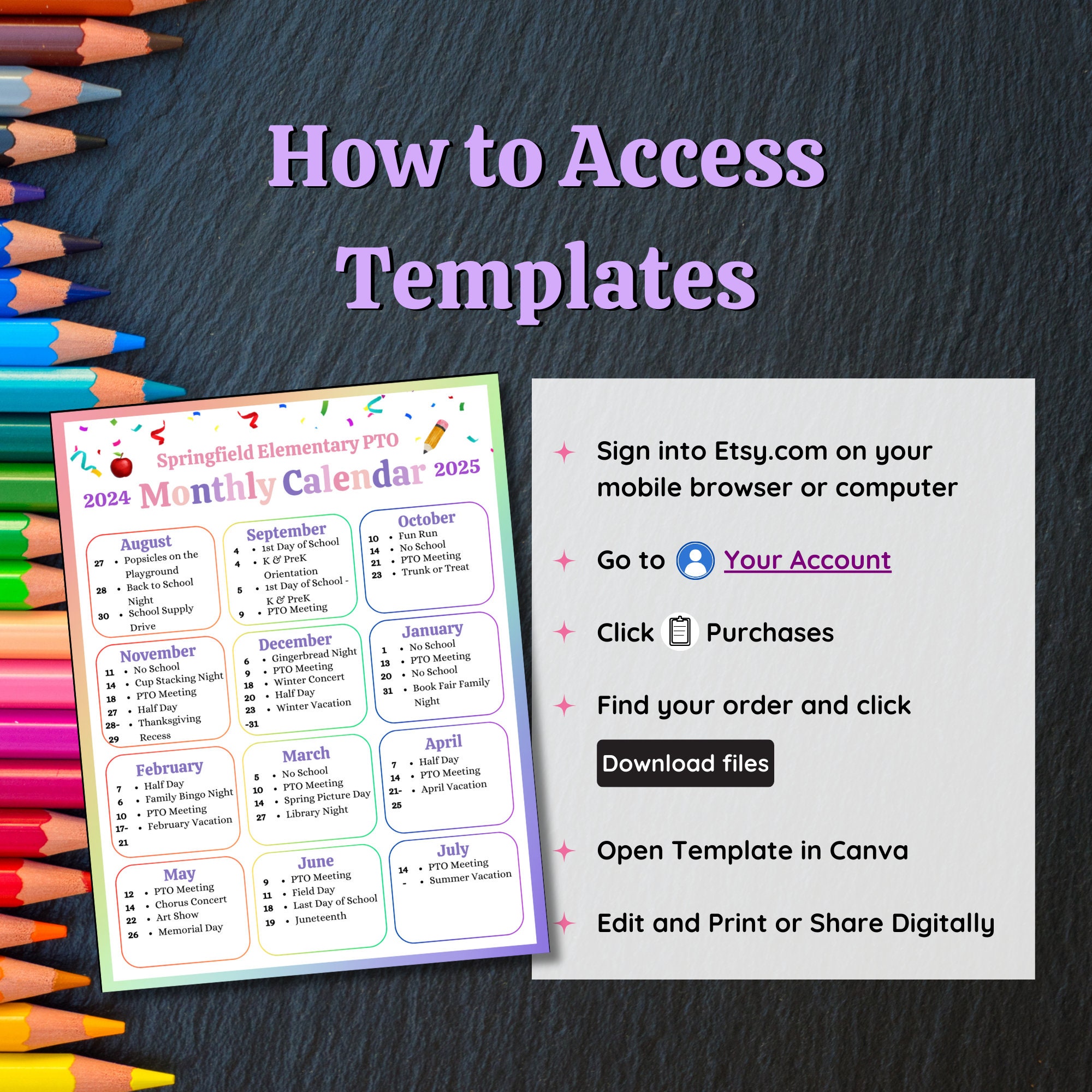 PTO Calendar of Events Yearly Template - Editable PTA Calendar of ...