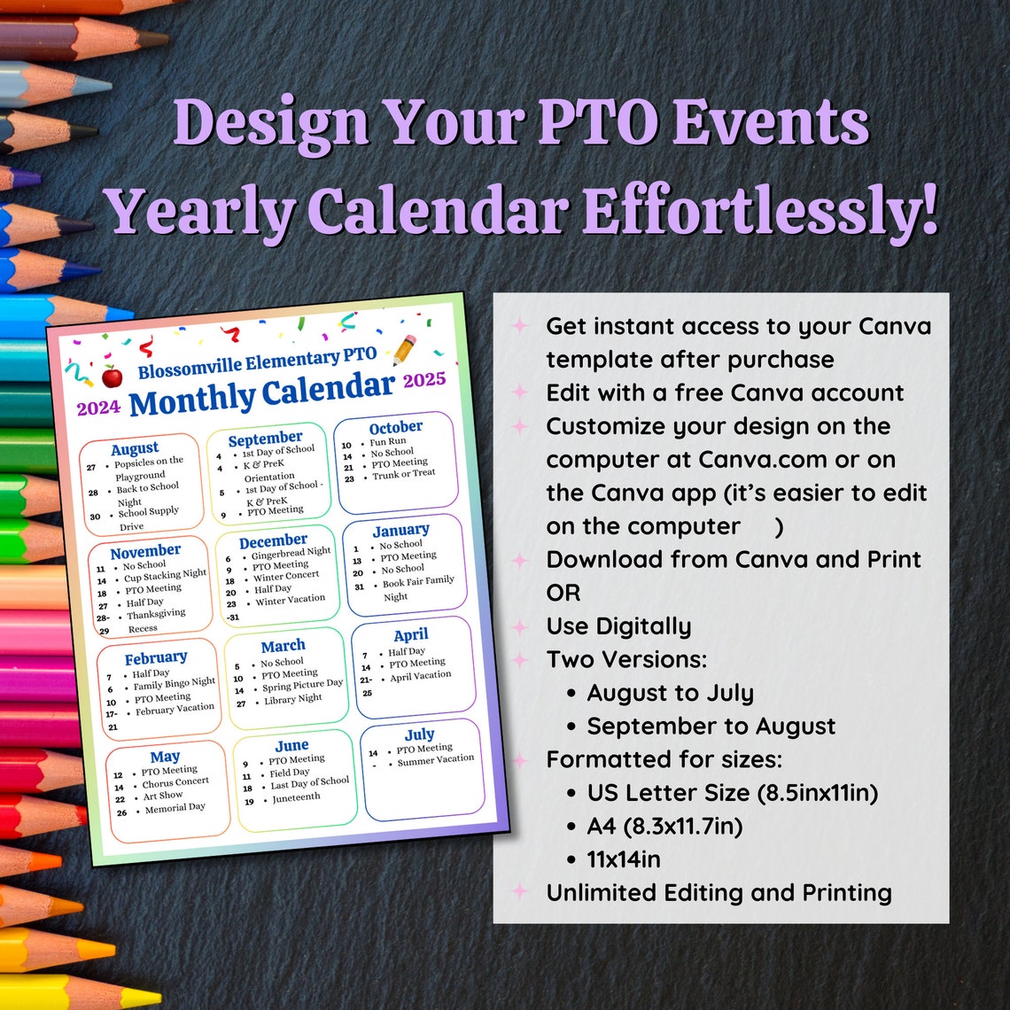 PTO Calendar of Events Yearly Template - Editable PTA Calendar of ...