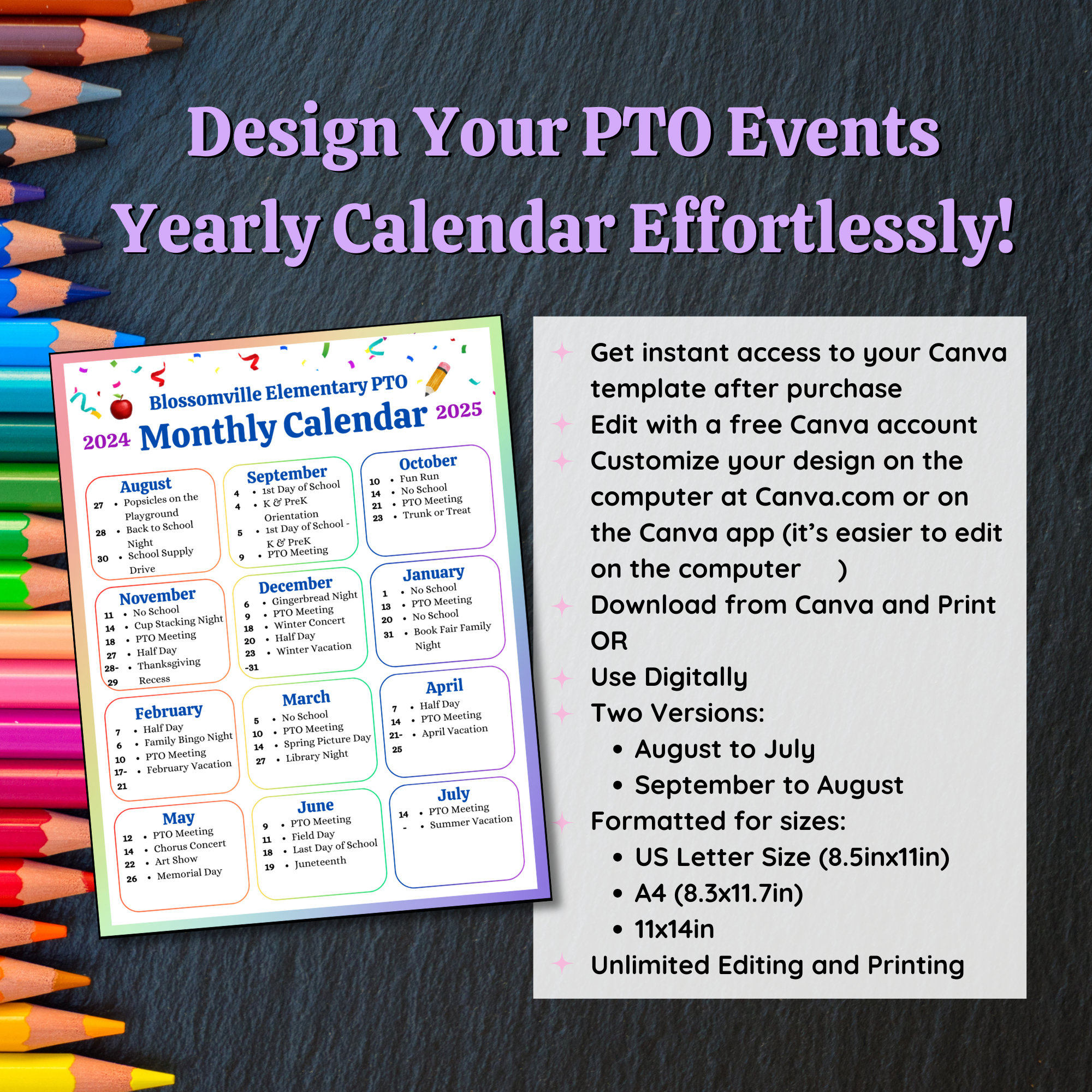 PTO Calendar of Events Yearly Template - Editable PTA Calendar of Events - Back to School ...