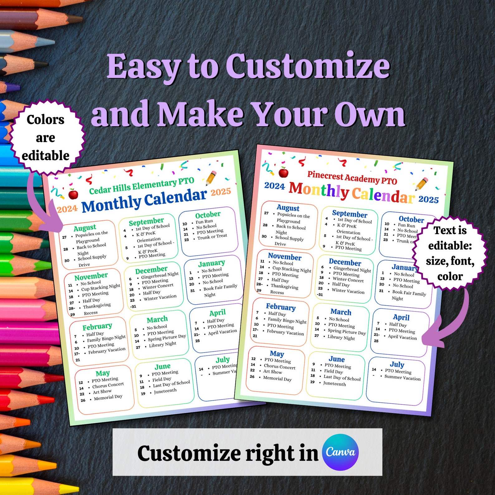 PTO Calendar of Events Yearly Template - Editable PTA Calendar of ...