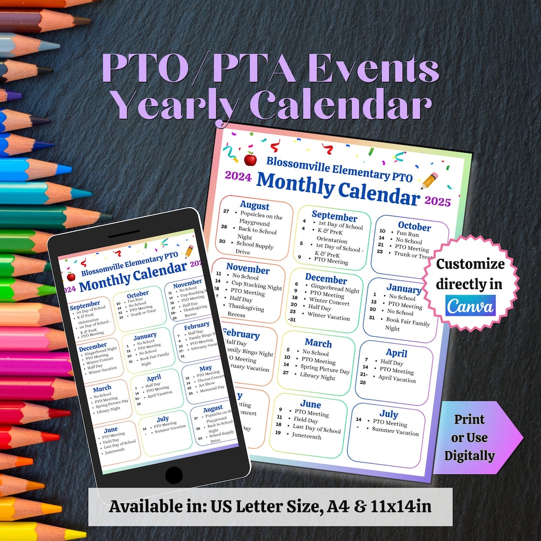 PTO Calendar of Events Yearly Template - Editable PTA Calendar of ...
