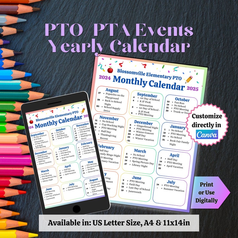 PTO Calendar of Events Yearly Template - Editable PTA Calendar of Events - Back to School ...