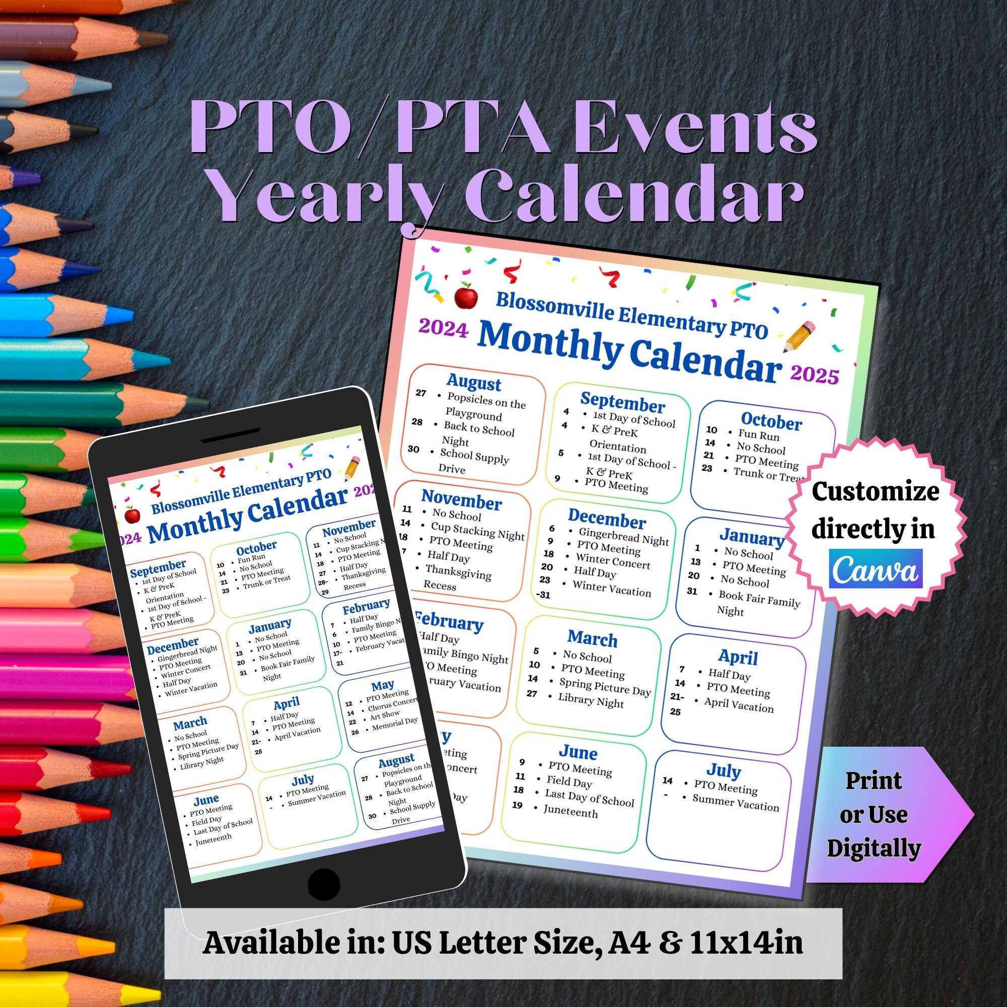 PTO Calendar of Events Yearly Template - Editable PTA Calendar of ...