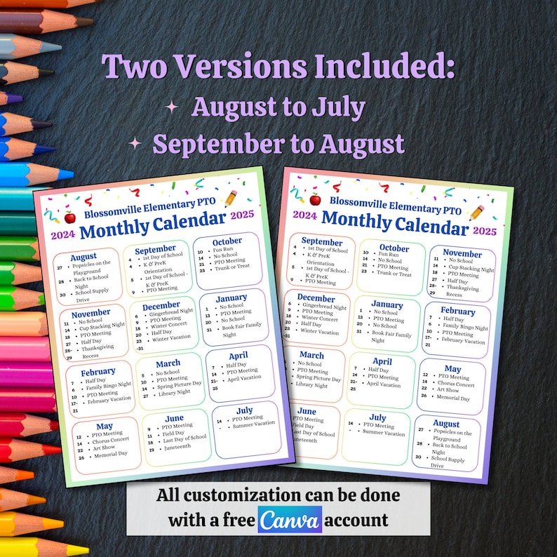 PTO Calendar of Events Yearly Template - Editable PTA Calendar of ...