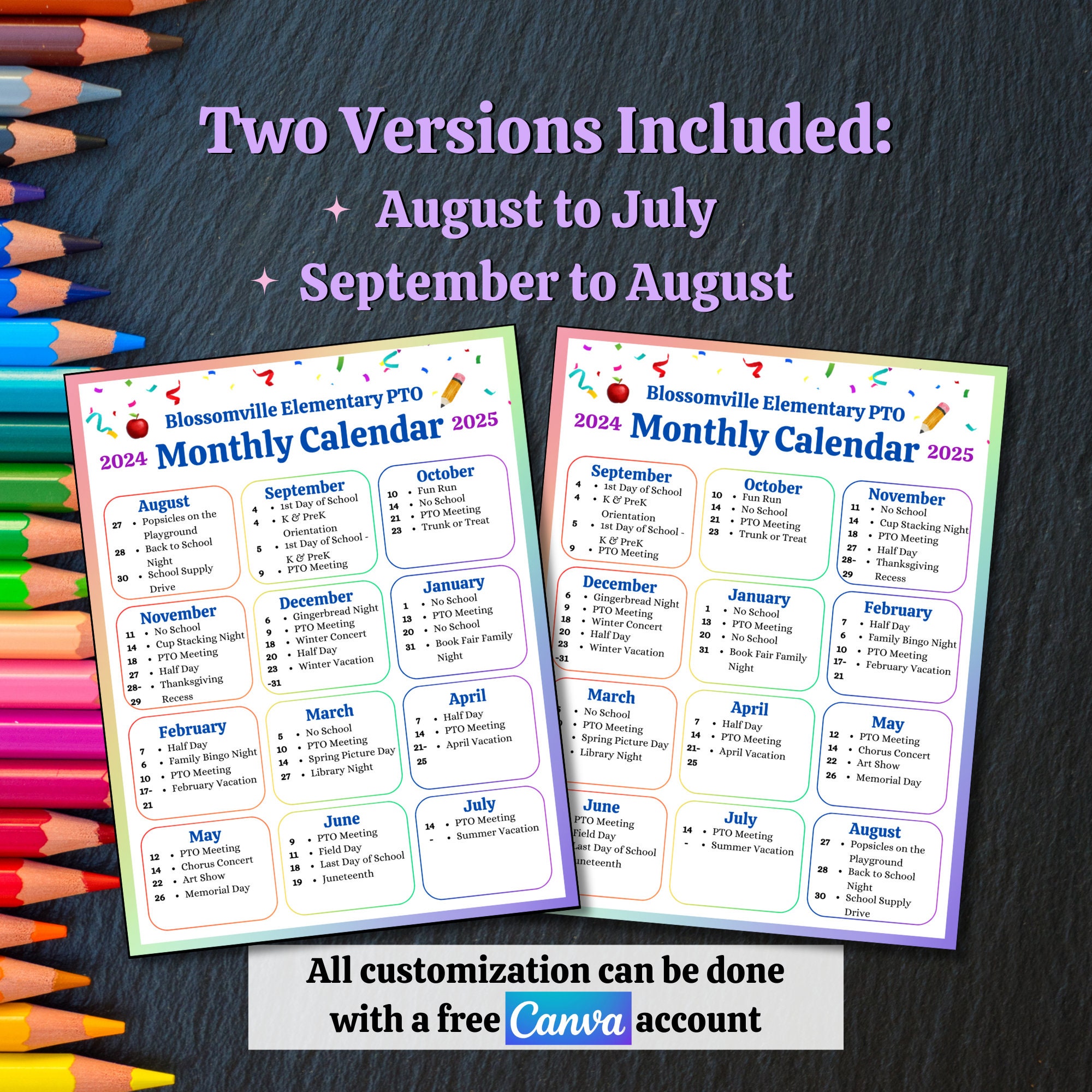 PTO Calendar of Events Yearly Template - Editable PTA Calendar of ...