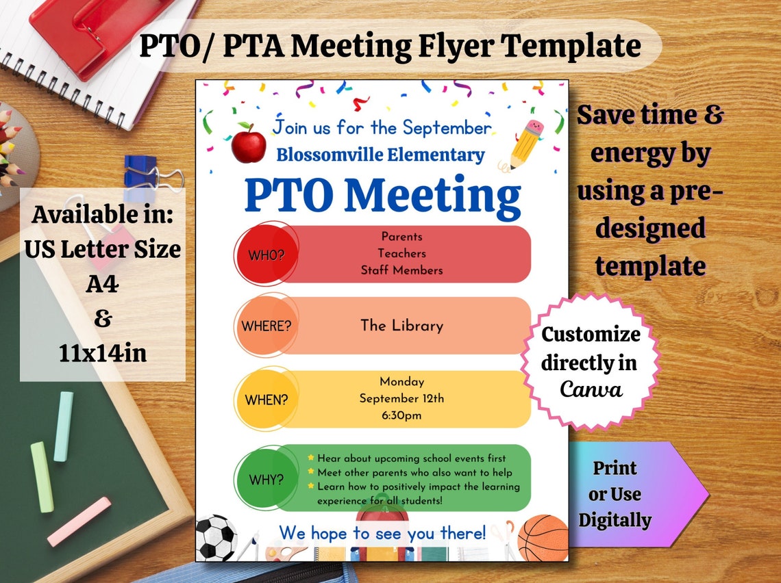 PTO PTA Meeting Flyer Template, Editable PTA Flyer Template, Instant ...