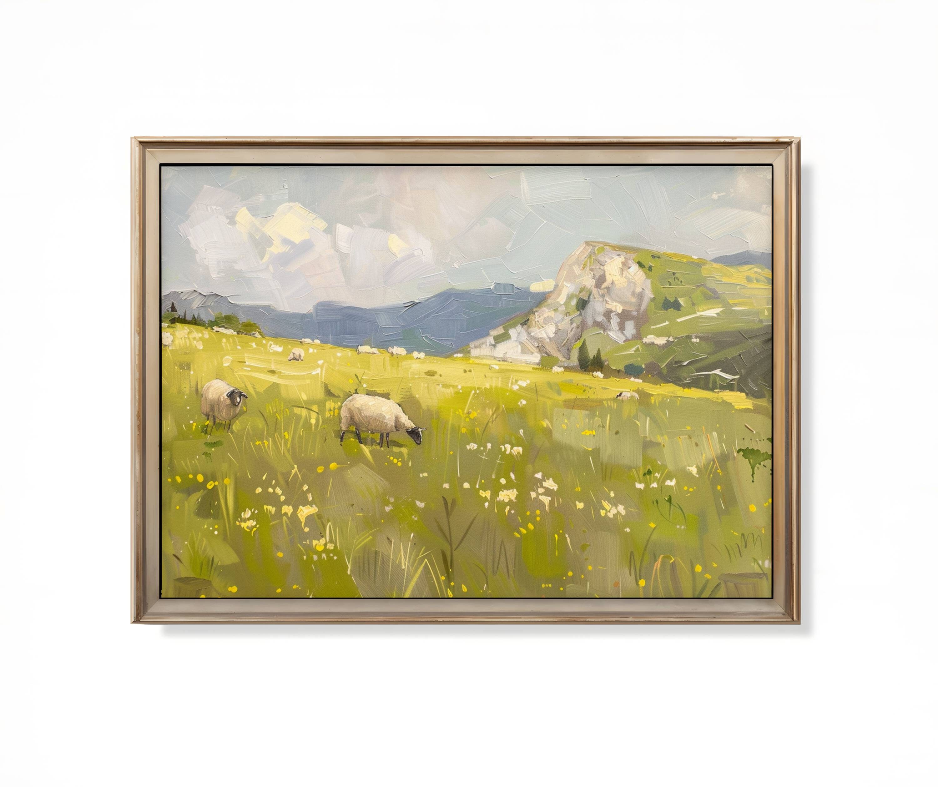 Printable Sheep in a Springtime Field Wall Art, Digital Oil Painting ...