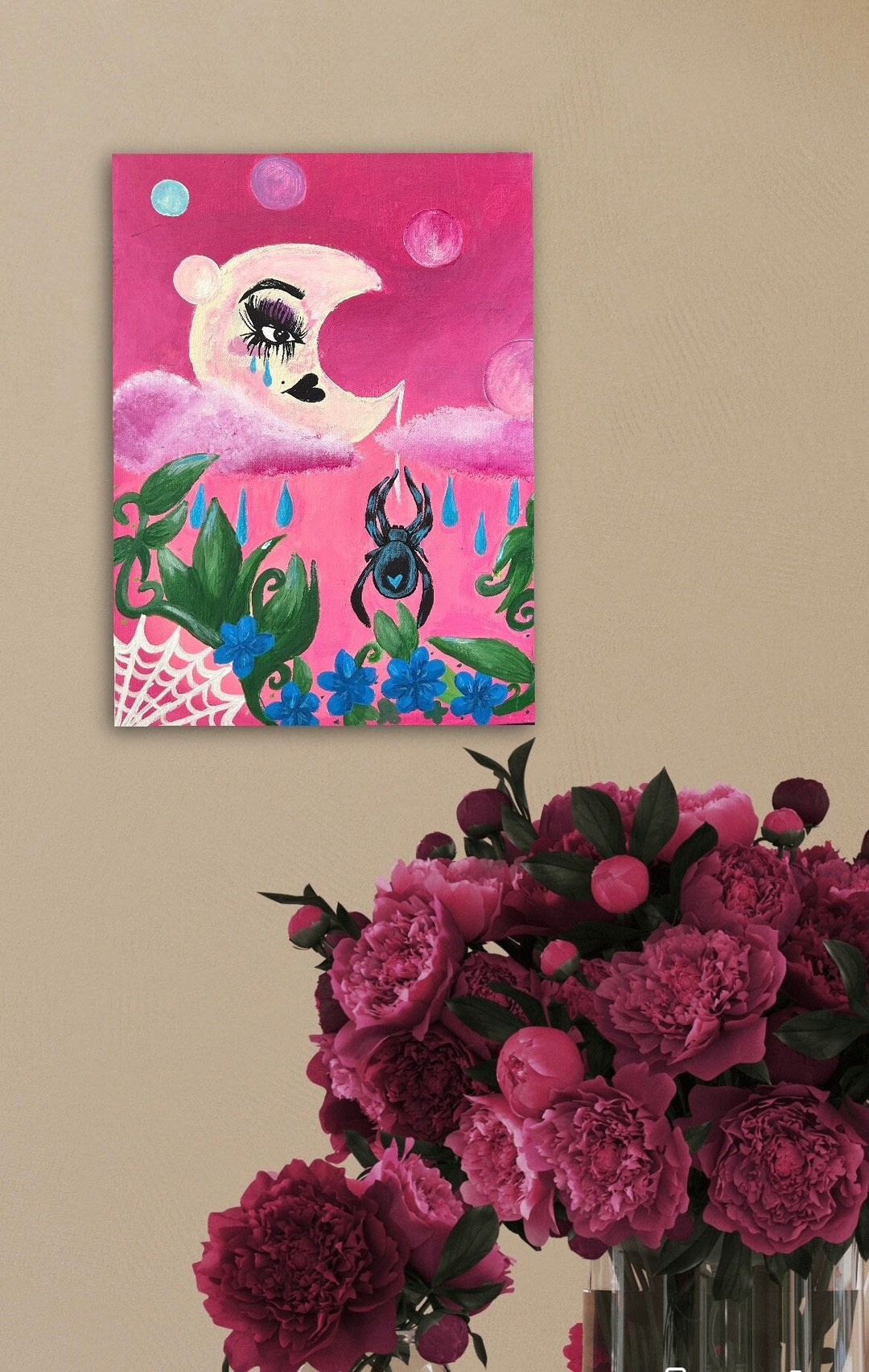 Hand Painted Fantasy Pink Moon Canvas Art - Etsy