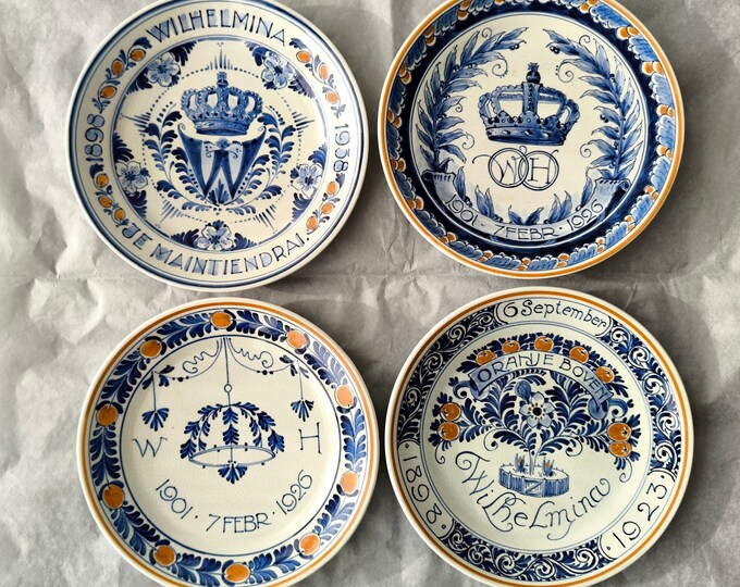 4 Royal Delft Blue Plates- Wilhelmina Queen's Anniversaries Delft Blue ...