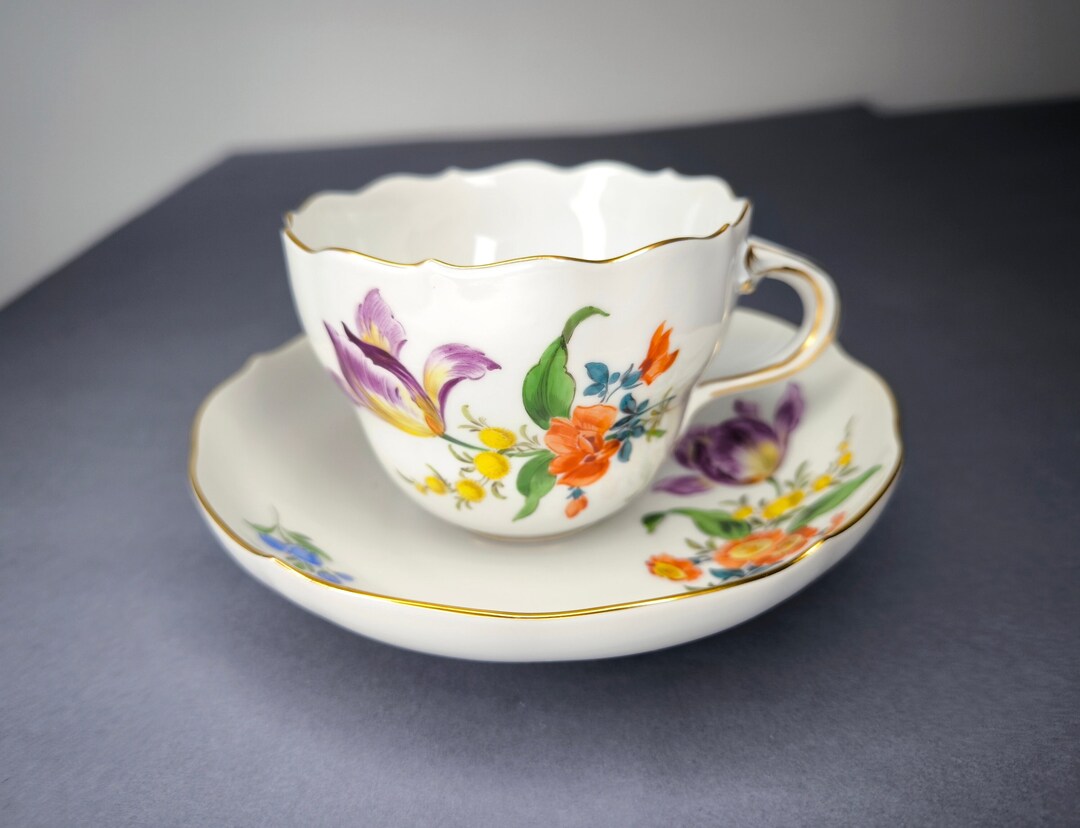 Meissen Coffee Set Blue Crossed Swords Coffee Cup With Saucer Flowers ...