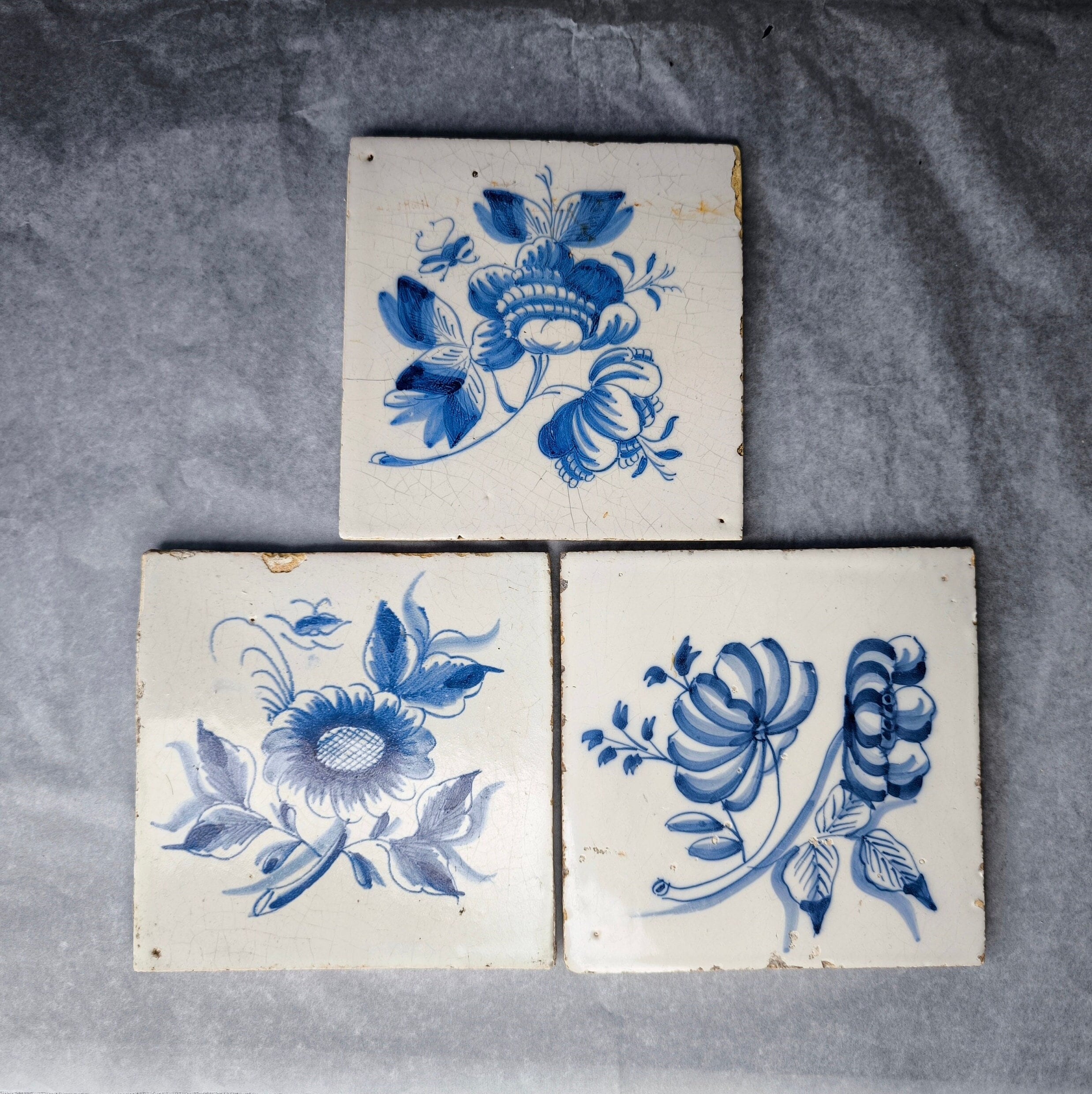 3 Antique 18th Century Delft Tiles - Blue and White Tiles - Dutch ...