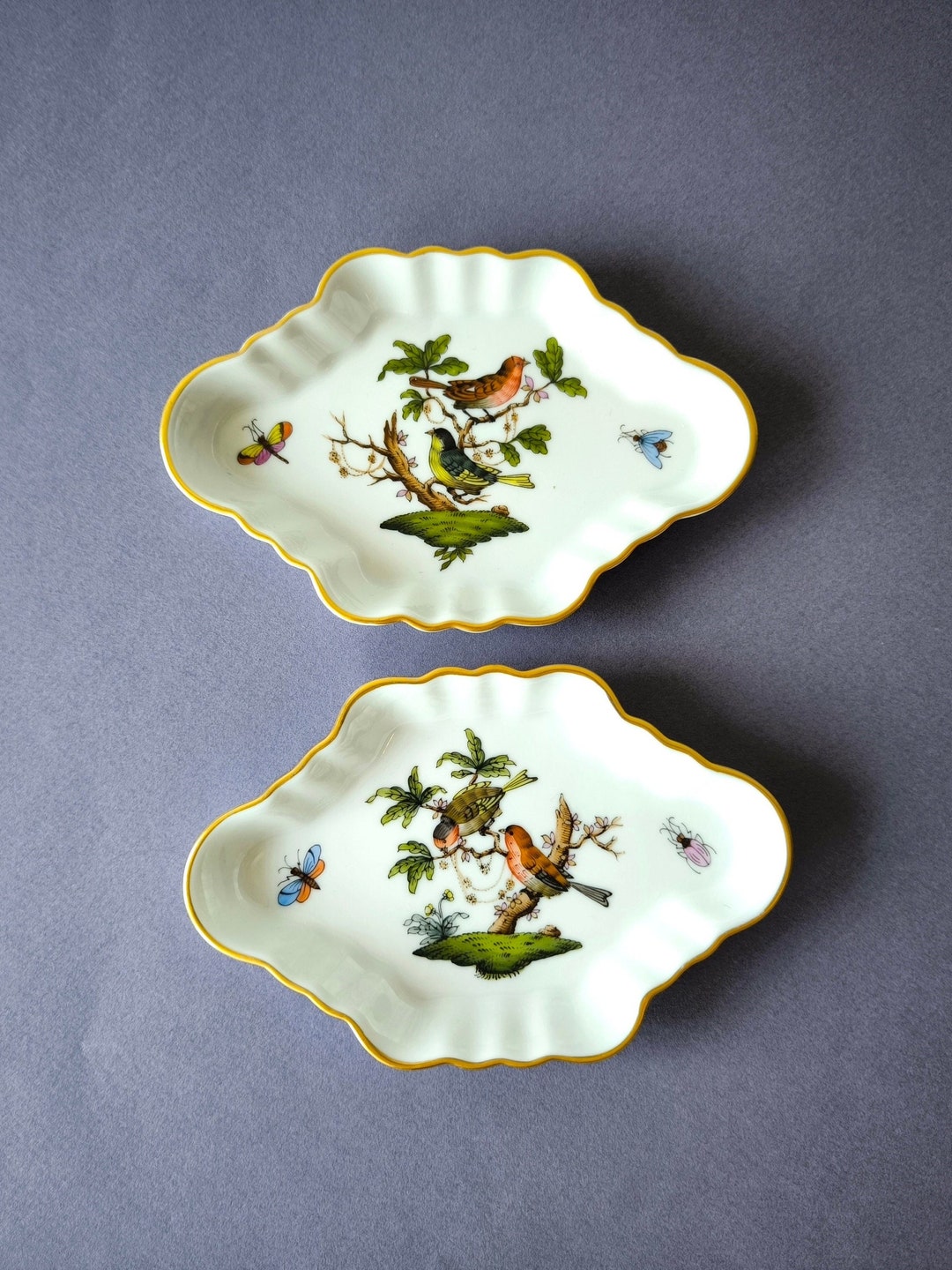 2 Herend Rothschild Bird Handpainted Dish, Herend Hungary Fine China Porcelain Bowl, Herend ...