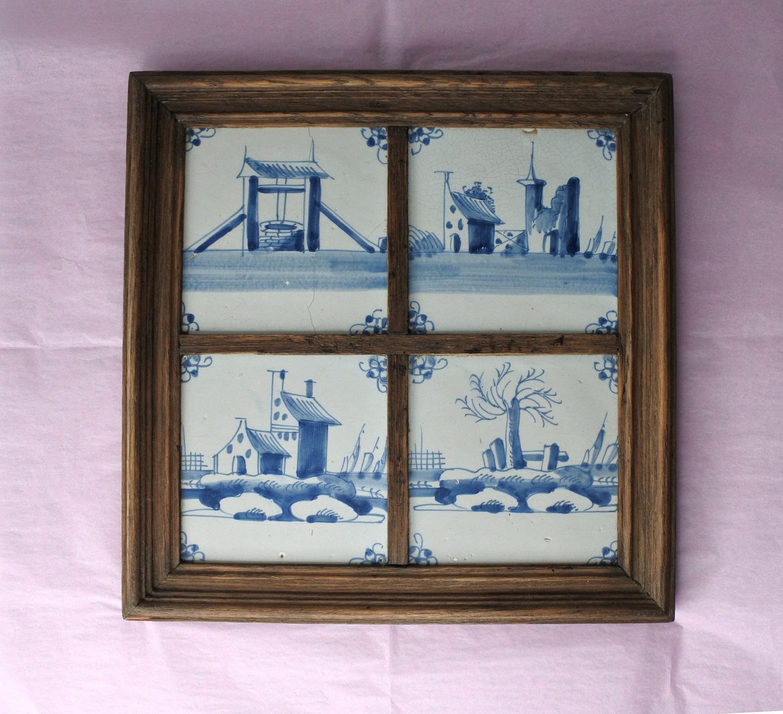 4 Antique 18th Century Delft Tiles - Framed Blue and White Tiles ...