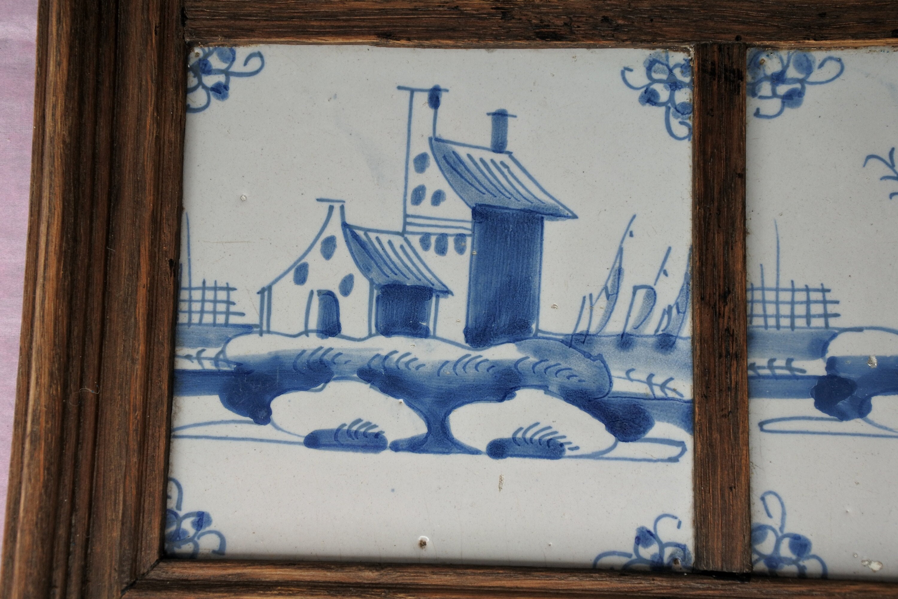 4 Antique 18th Century Delft Tiles - Framed Blue and White Tiles ...