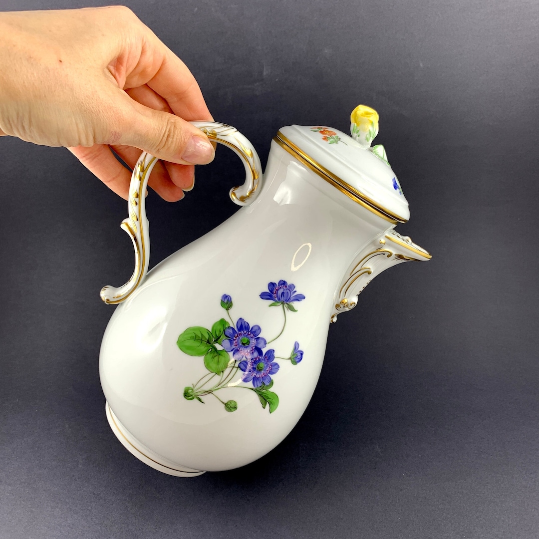 Meissen Vintage Porcelain Coffee Pot Blue Crossed Swords Flowers Motive Hand Painted Porcelain ...