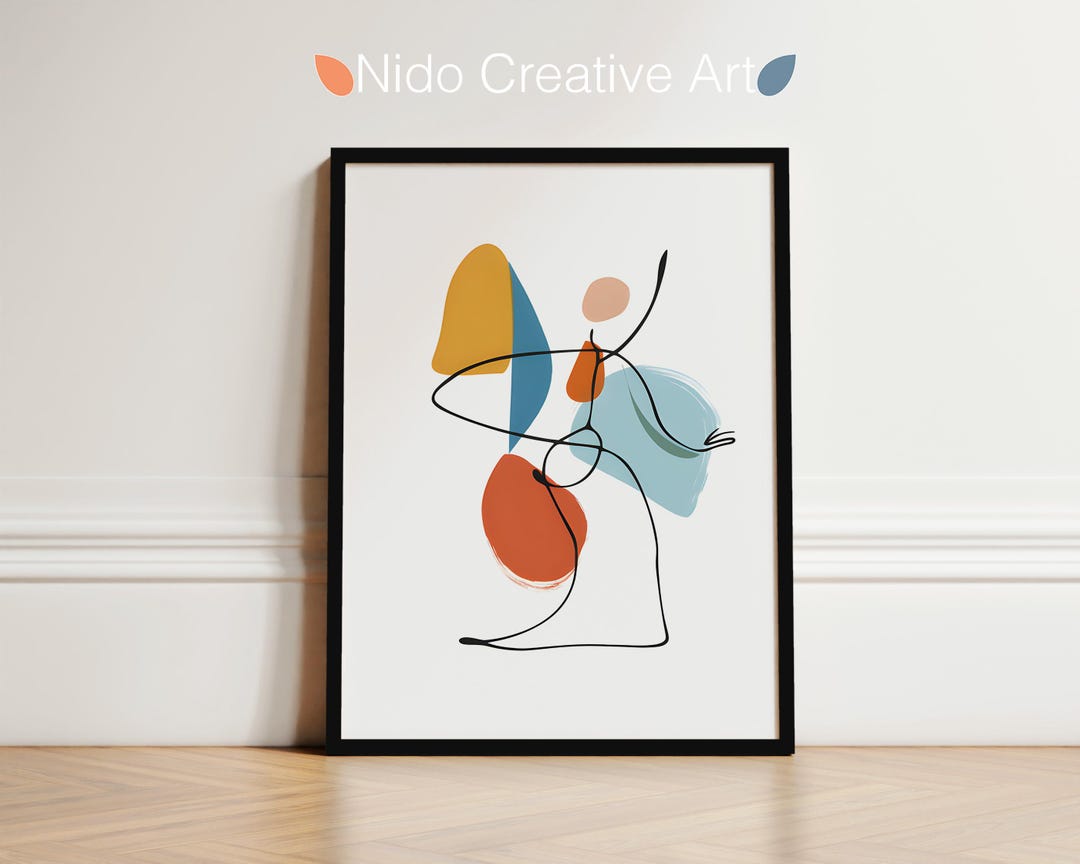 Abstract Stickman Line Art Print, Orange, Blue, and Yellow Minimalist ...
