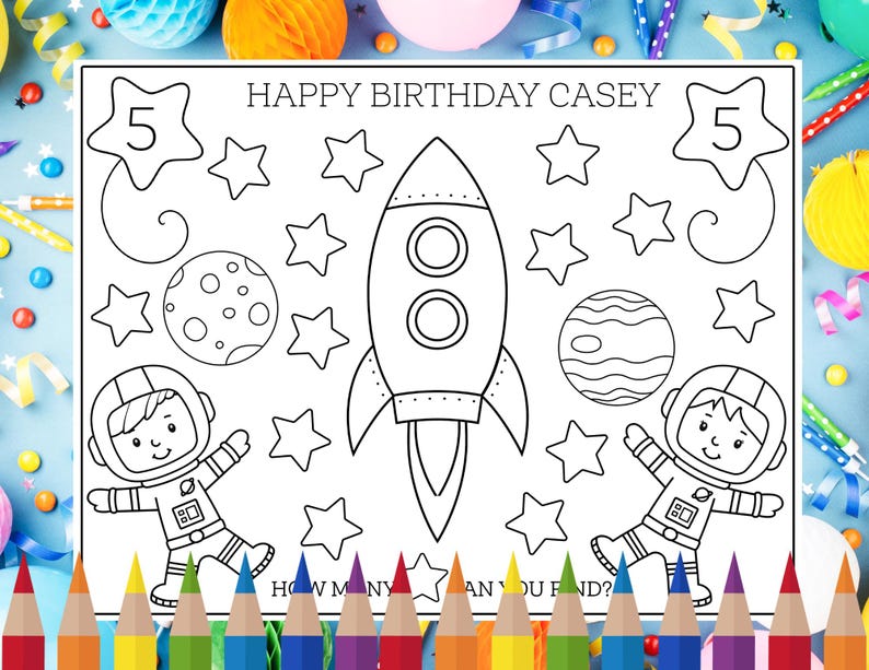 Personalized Outer Space Birthday Coloring Placemat Page, Kid's Fun ...