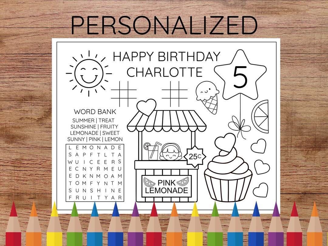 Personalized Lemonade Coloring Placemat: Summer Birthday Party Favor ...