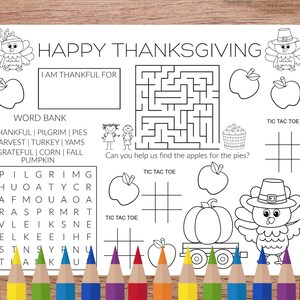 Thanksgiving Activity Placemat Printable | Kids Coloring Page, Word ...