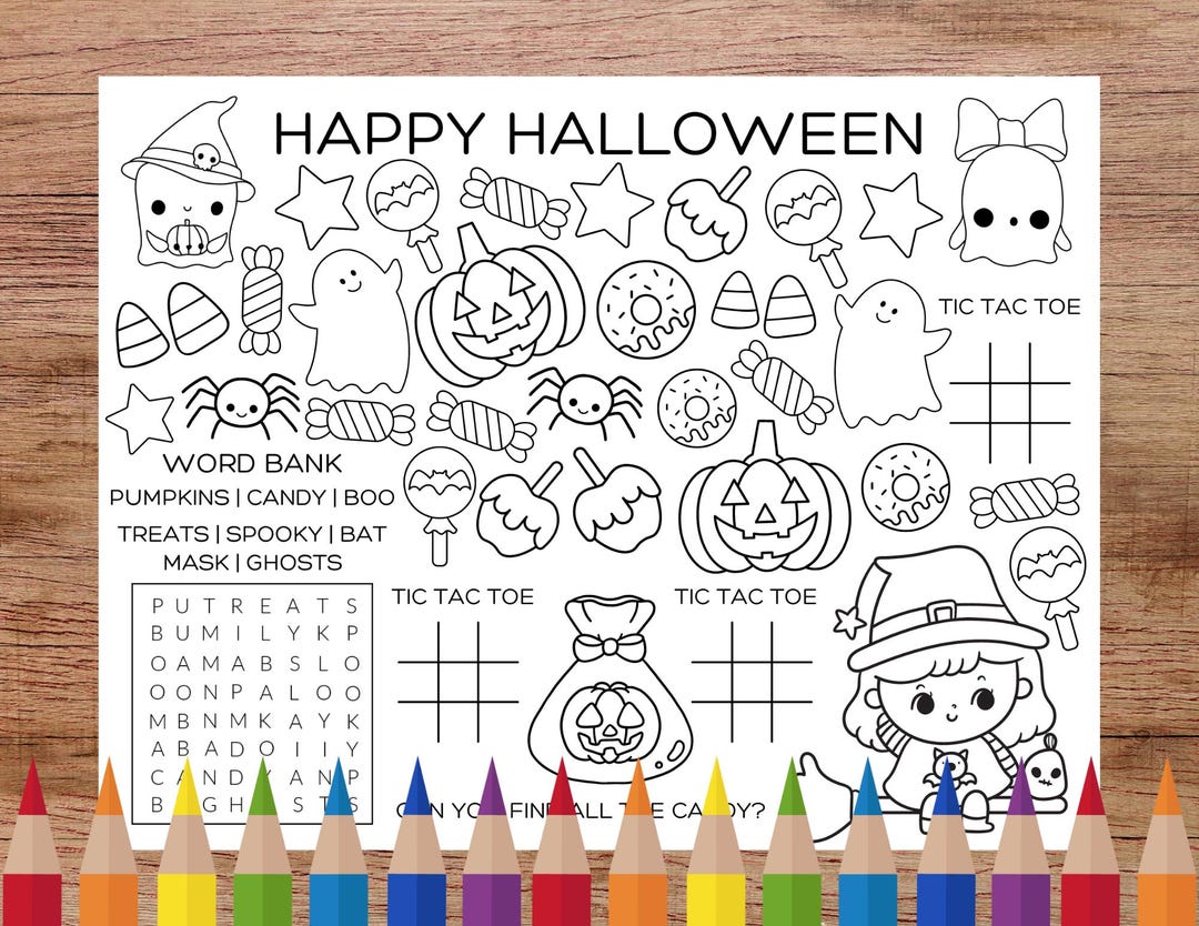 Halloween Activity Placemat | Kids Printable Coloring Sheet | Party ...
