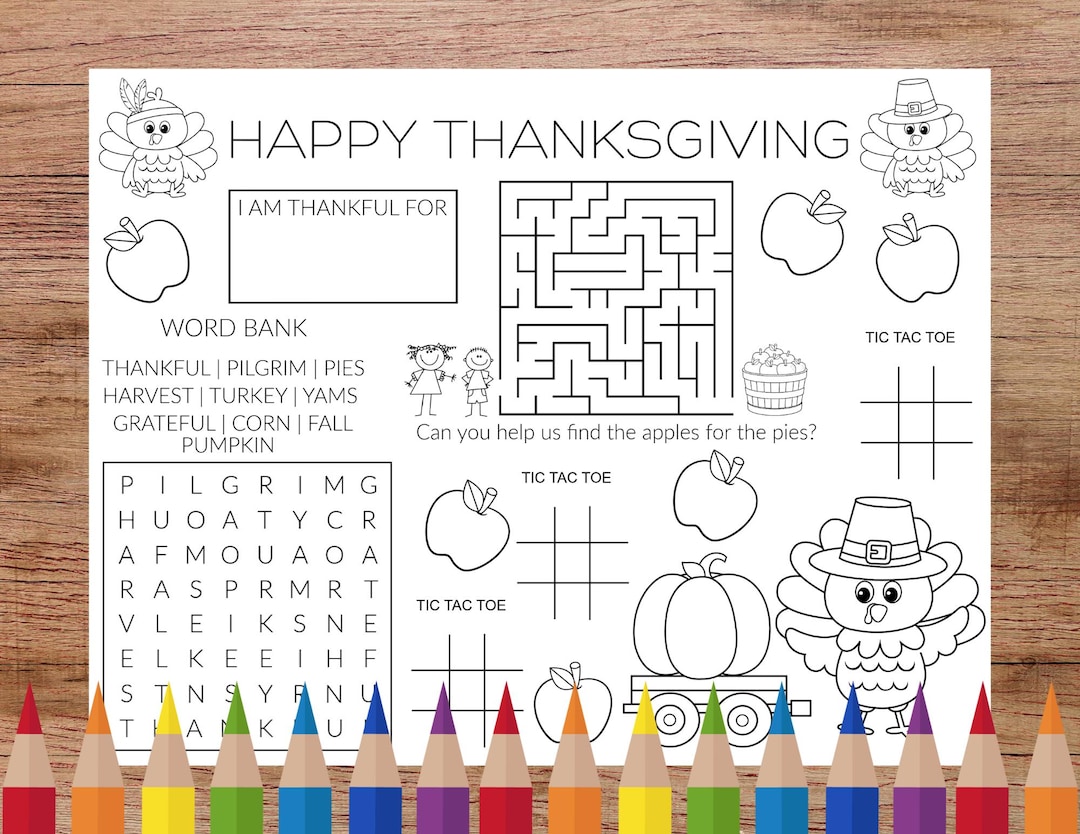 Thanksgiving Activity Placemat Printable | Kids Coloring Page, Word ...