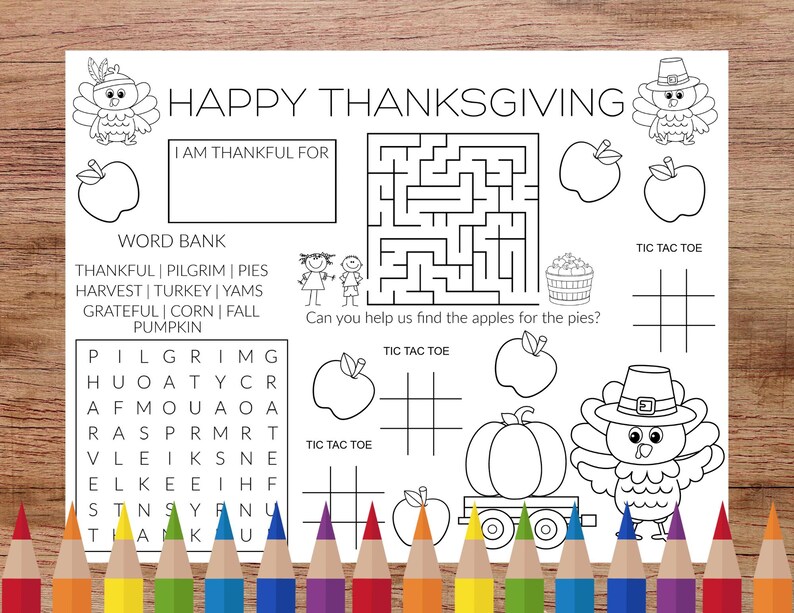 Thanksgiving Activity Placemat Printable | Kids Coloring Page, Word ...