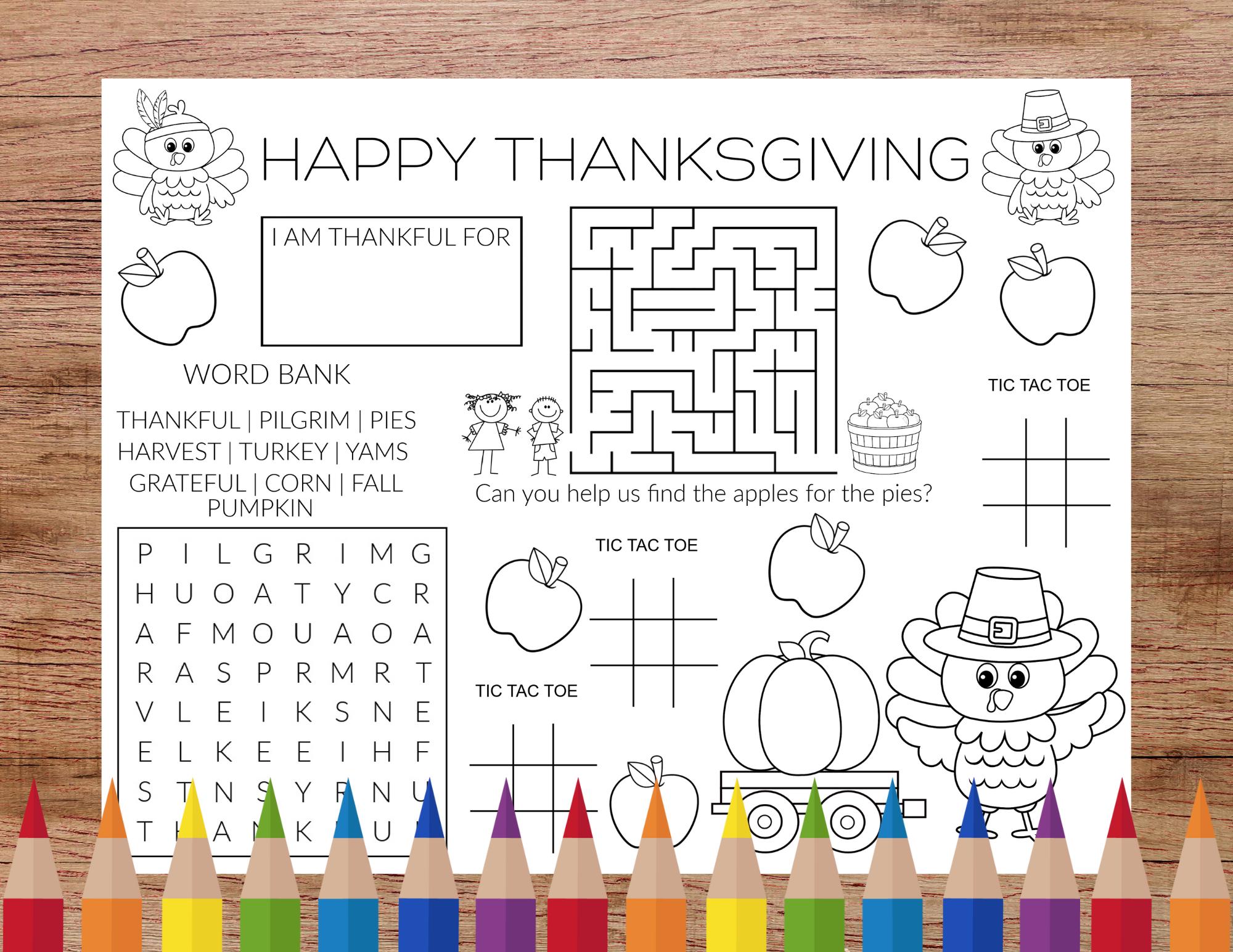 Thanksgiving Activity Placemat Printable | Kids Coloring Page, Word ...