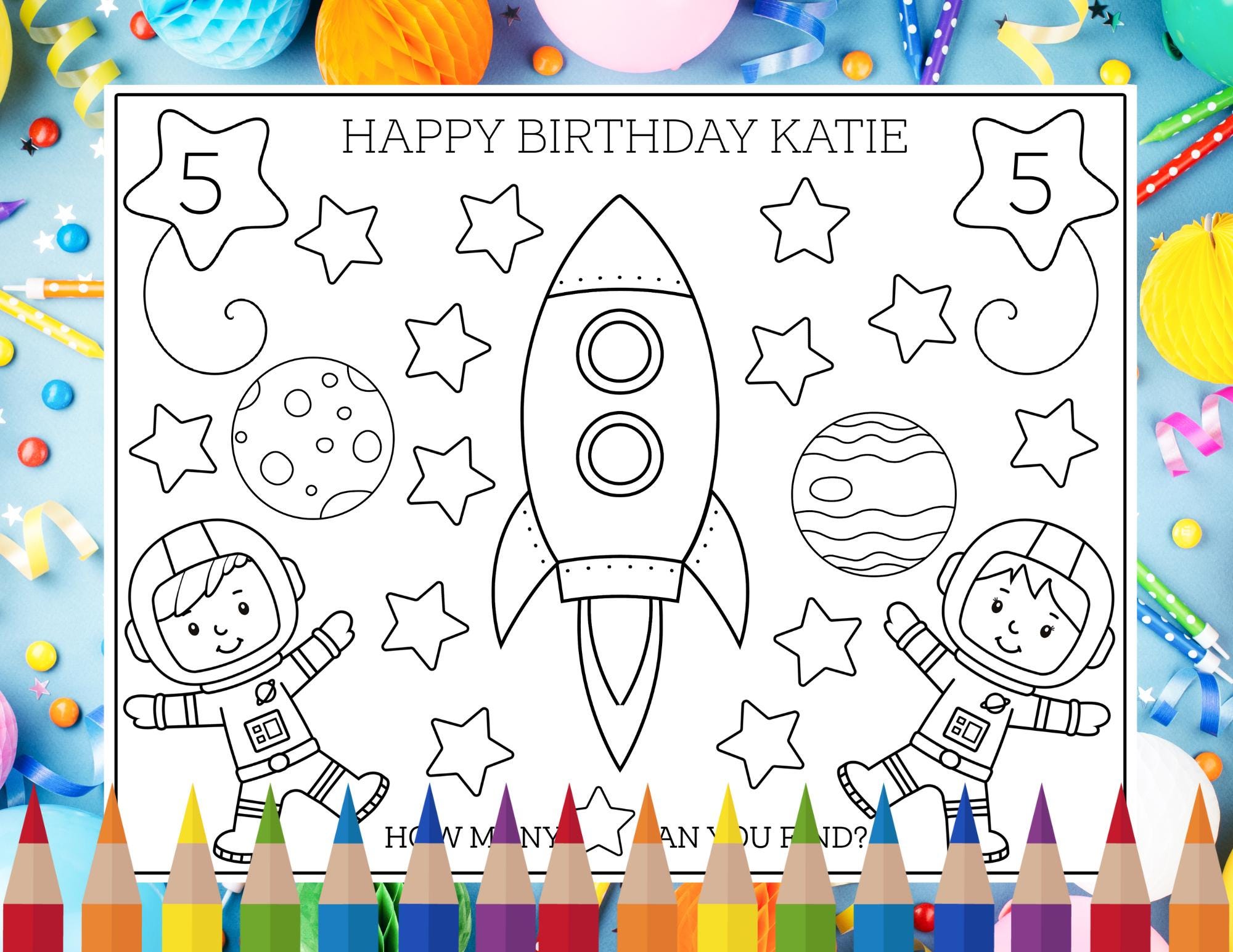 Personalized Outer Space Birthday Coloring Placemat Page, Kid's Fun ...