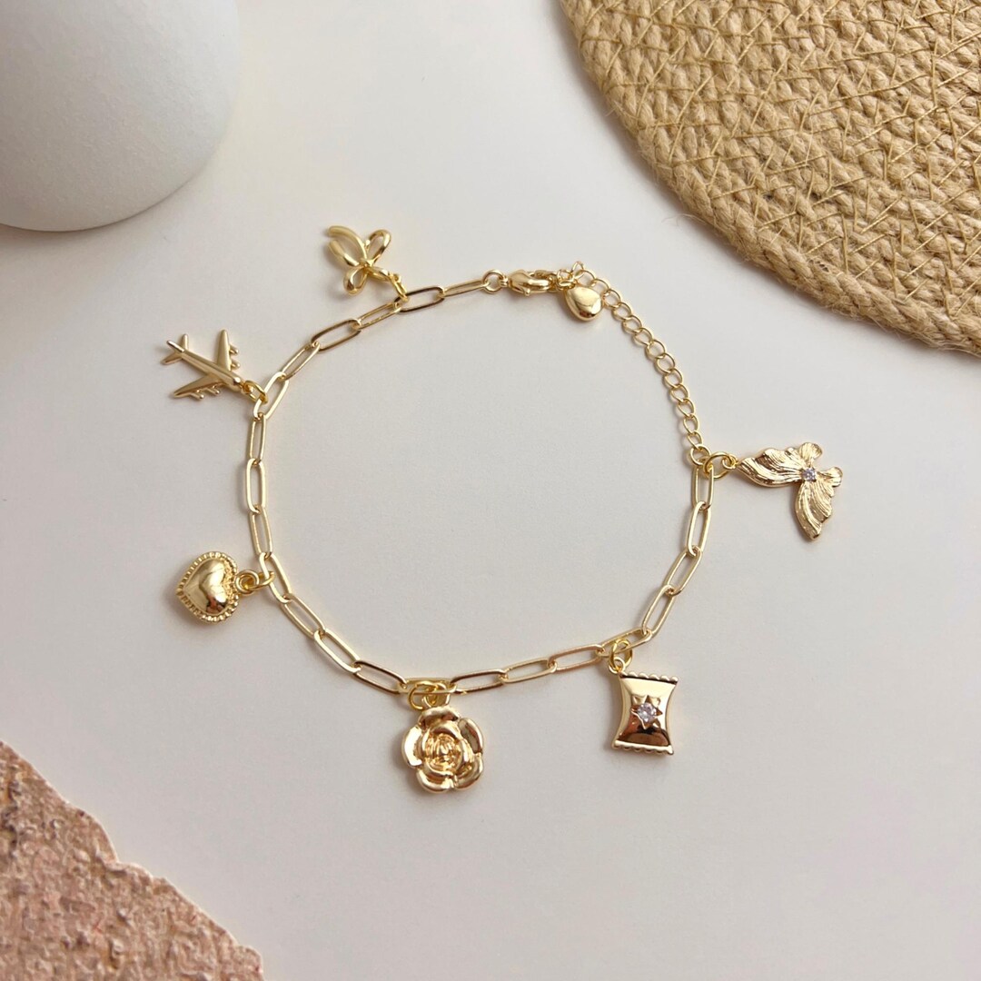 Personalized Gold Charm Bracelet, Vintage Chunky Bracelet for Women ...