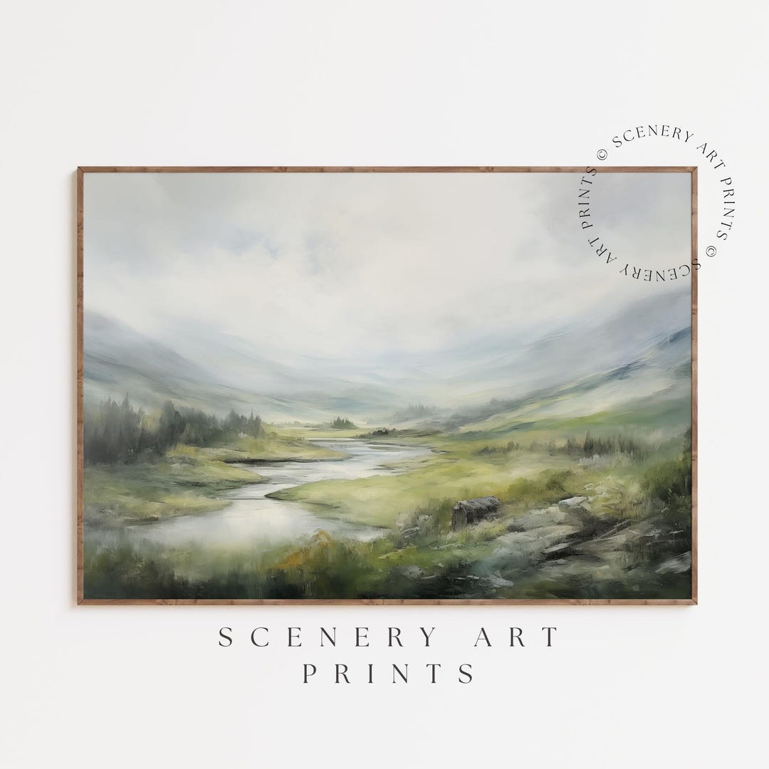 Deep Green Valley Oil Painting, Misty Moody Summer Landscape, Neutral ...