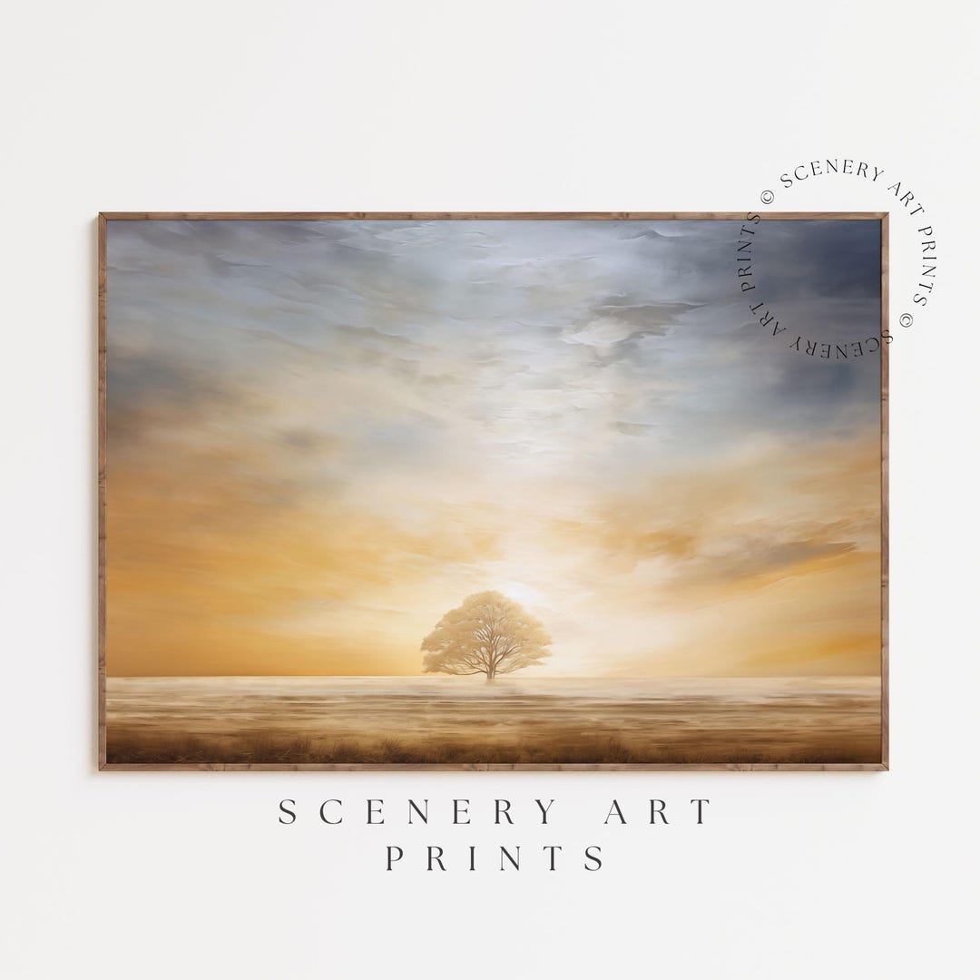 Misty Indian Summer Sunset Landscape Painting - Lone Tree Wall Art ...
