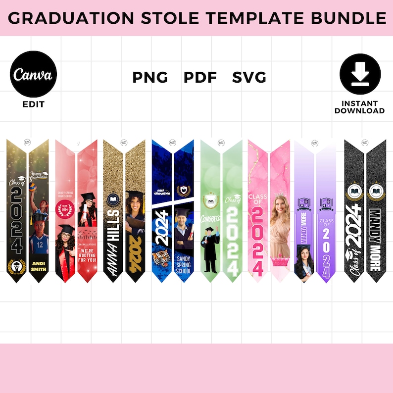 Graduation Stole Template Bundle | Grad Sash Design Editable in Canva ...